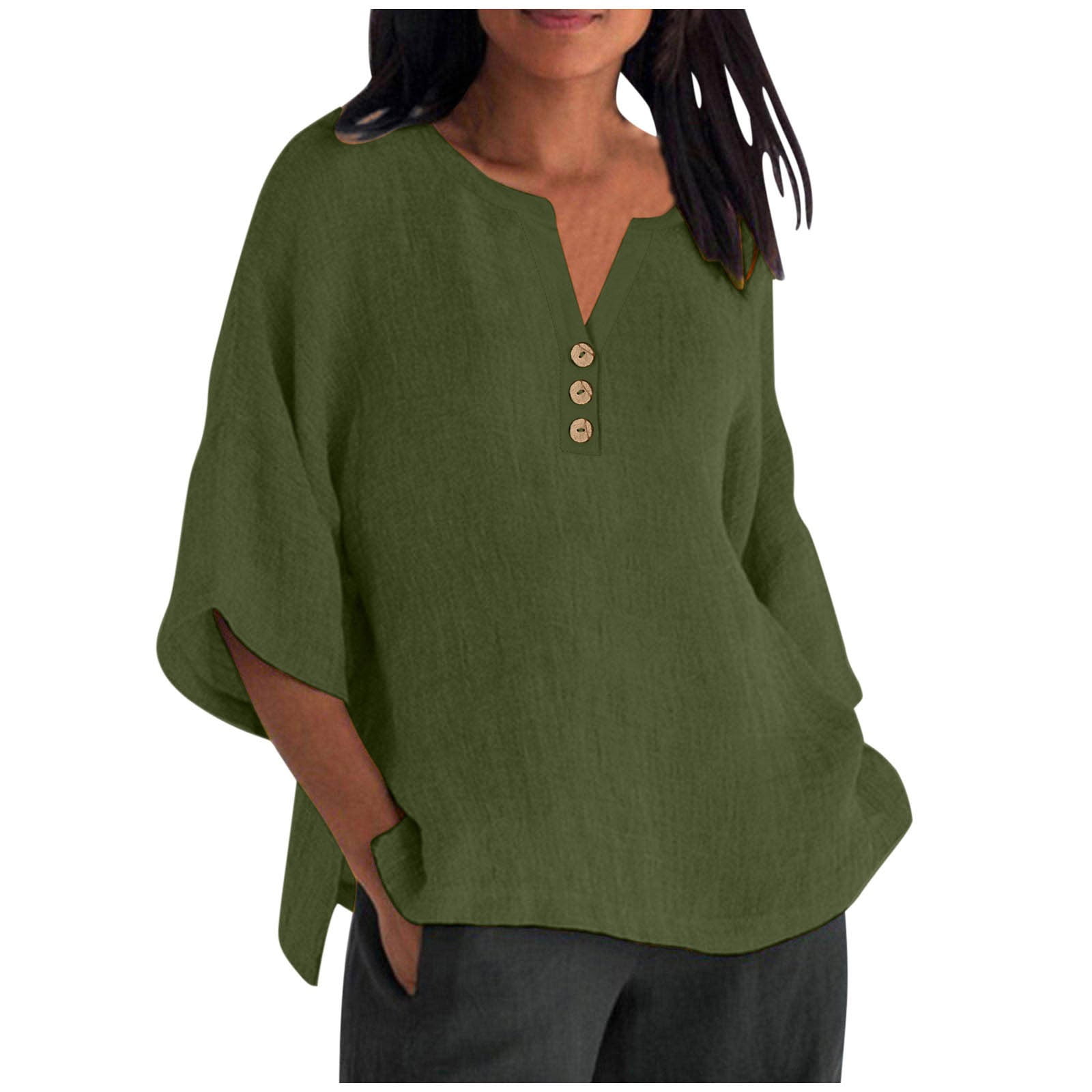 Lovskoo Cotton Linen Summer Tops for Women 2024 V Neck 3/4 Sleeve Solid ...