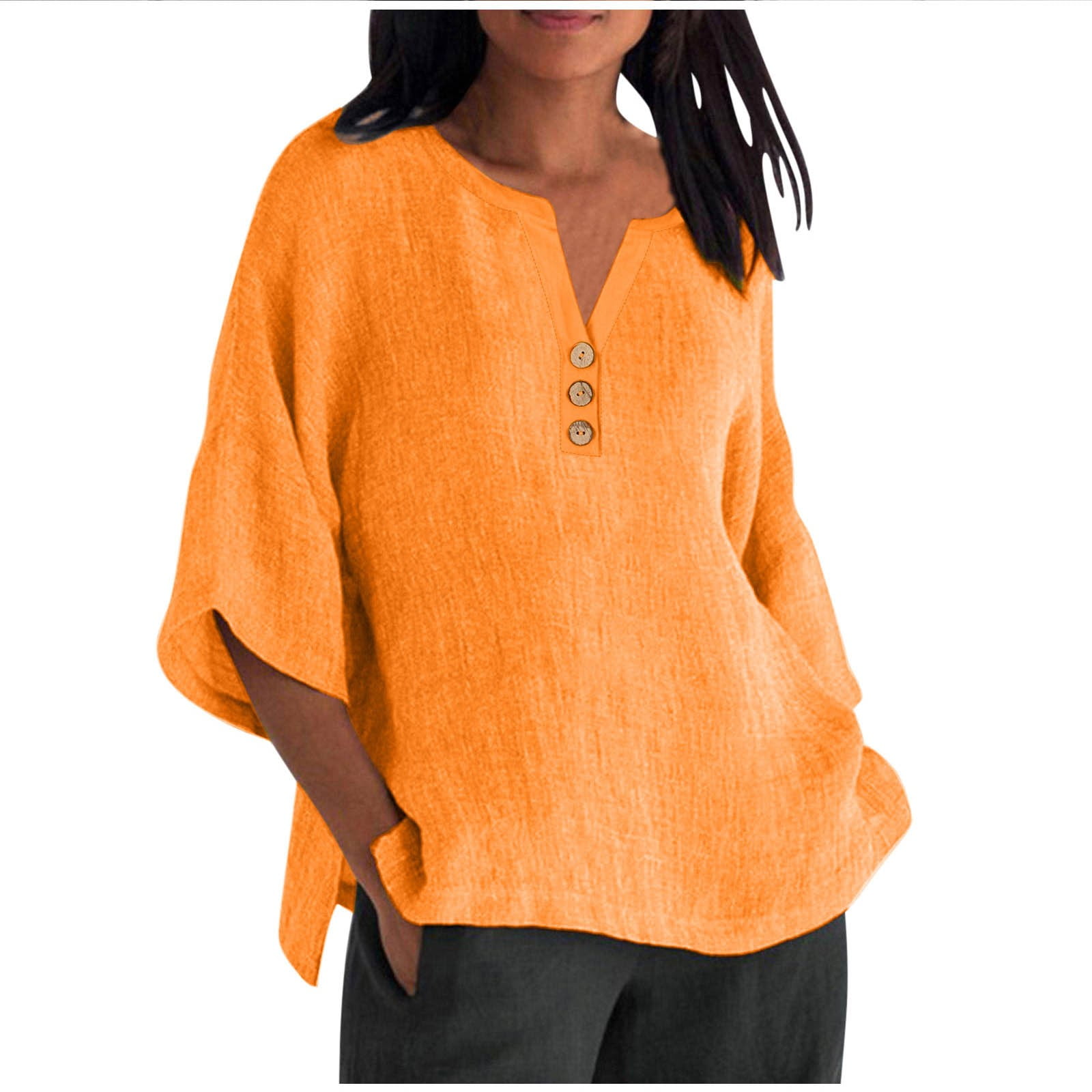 Lovskoo Cotton Linen Summer Tops for Women 2024 V Neck 3/4 Sleeve Solid ...