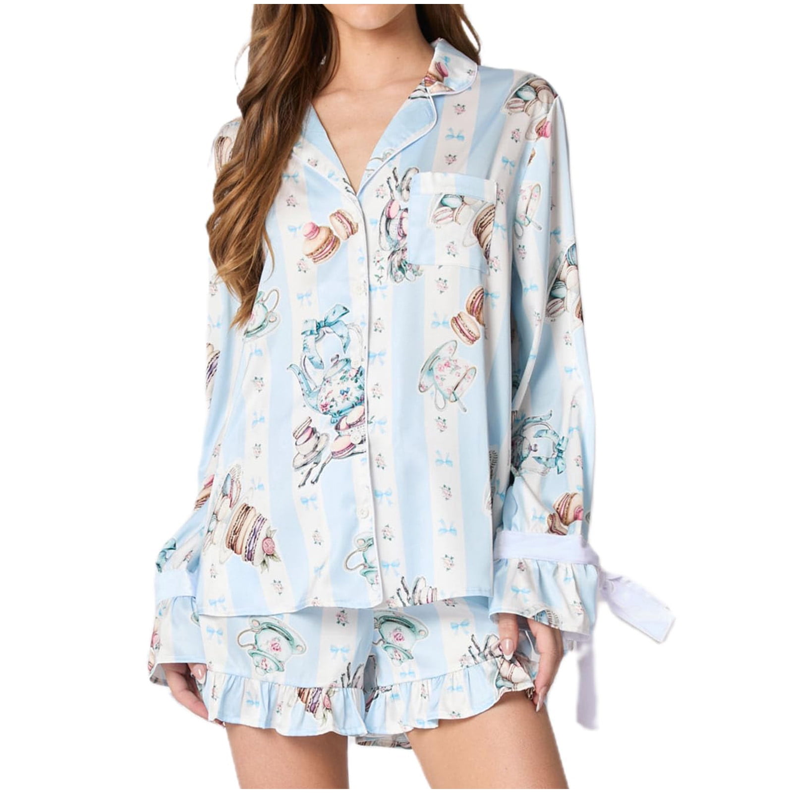 Lovskoo Cute Pajamas for Women 2 Piece Satin Bow Pajama Set Y2K Clothes ...