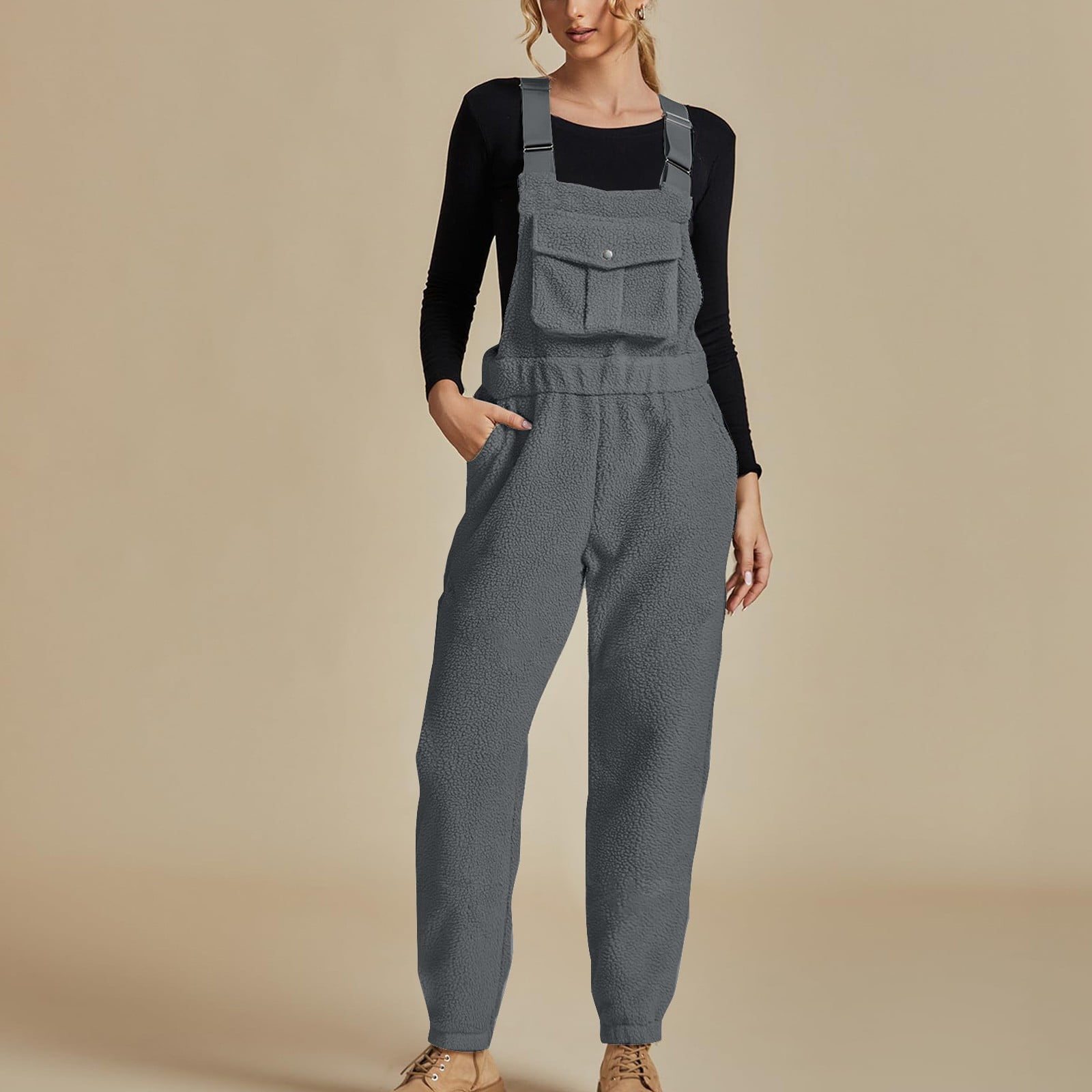 Lovskoo Fleece Overalls for Women Bib Fuzzy Pants Solid Color 2025 Fall ...