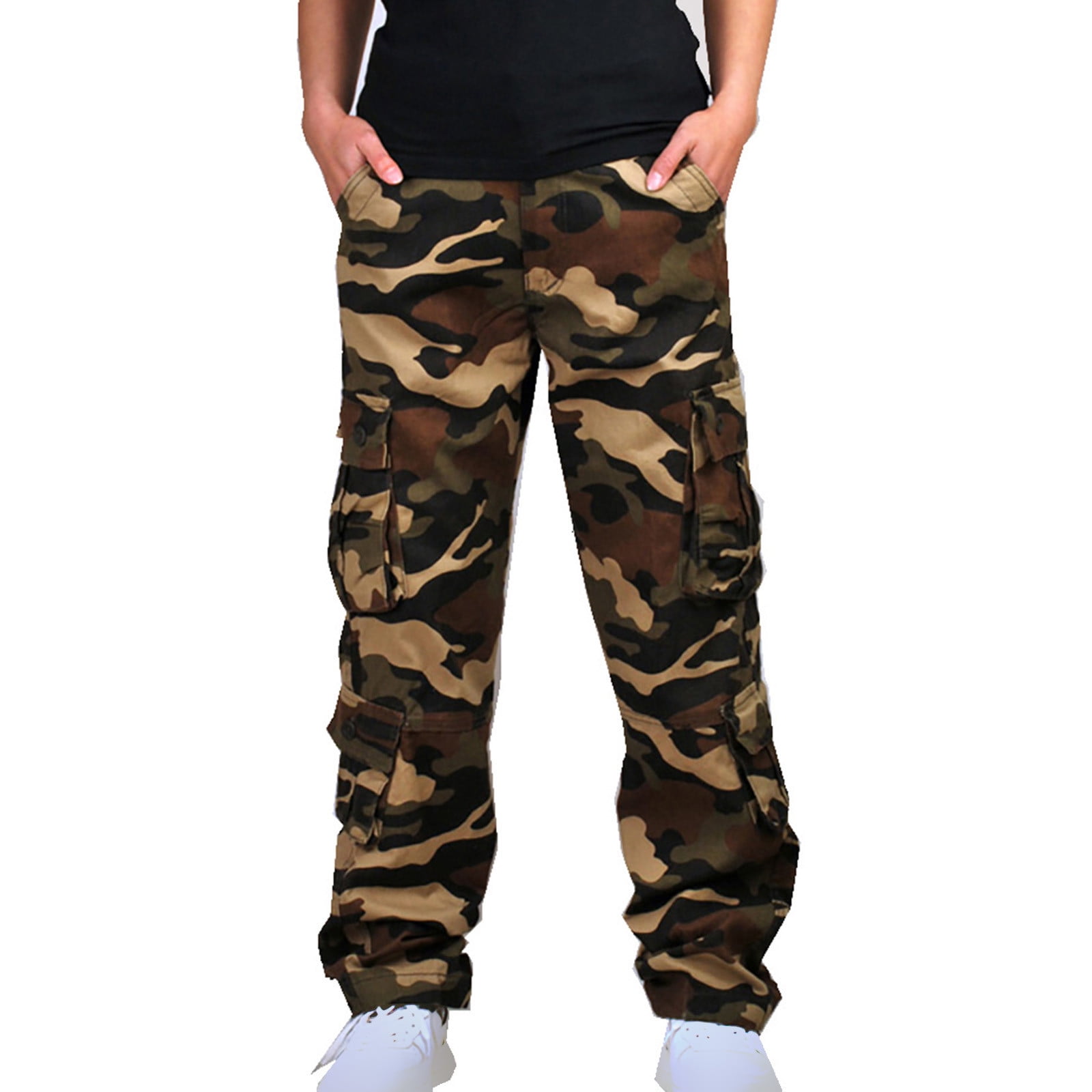 Lovskoo Men's Cargo Jeans Camouflage Pants Solid Multi-Pocket Washed ...