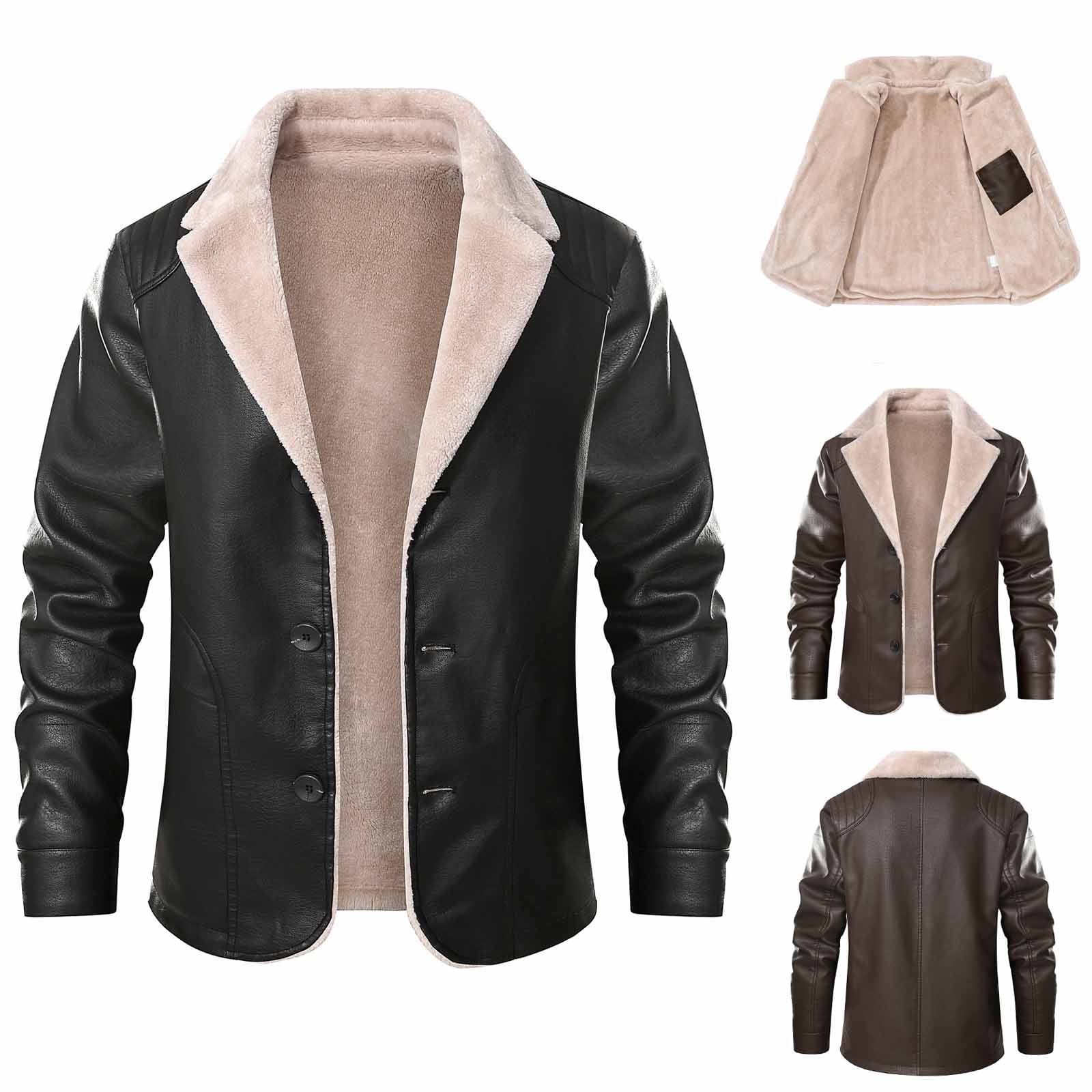 Lovskoo Men's Leather Jacket Shearling Lined Jacket Button Open Fleece ...