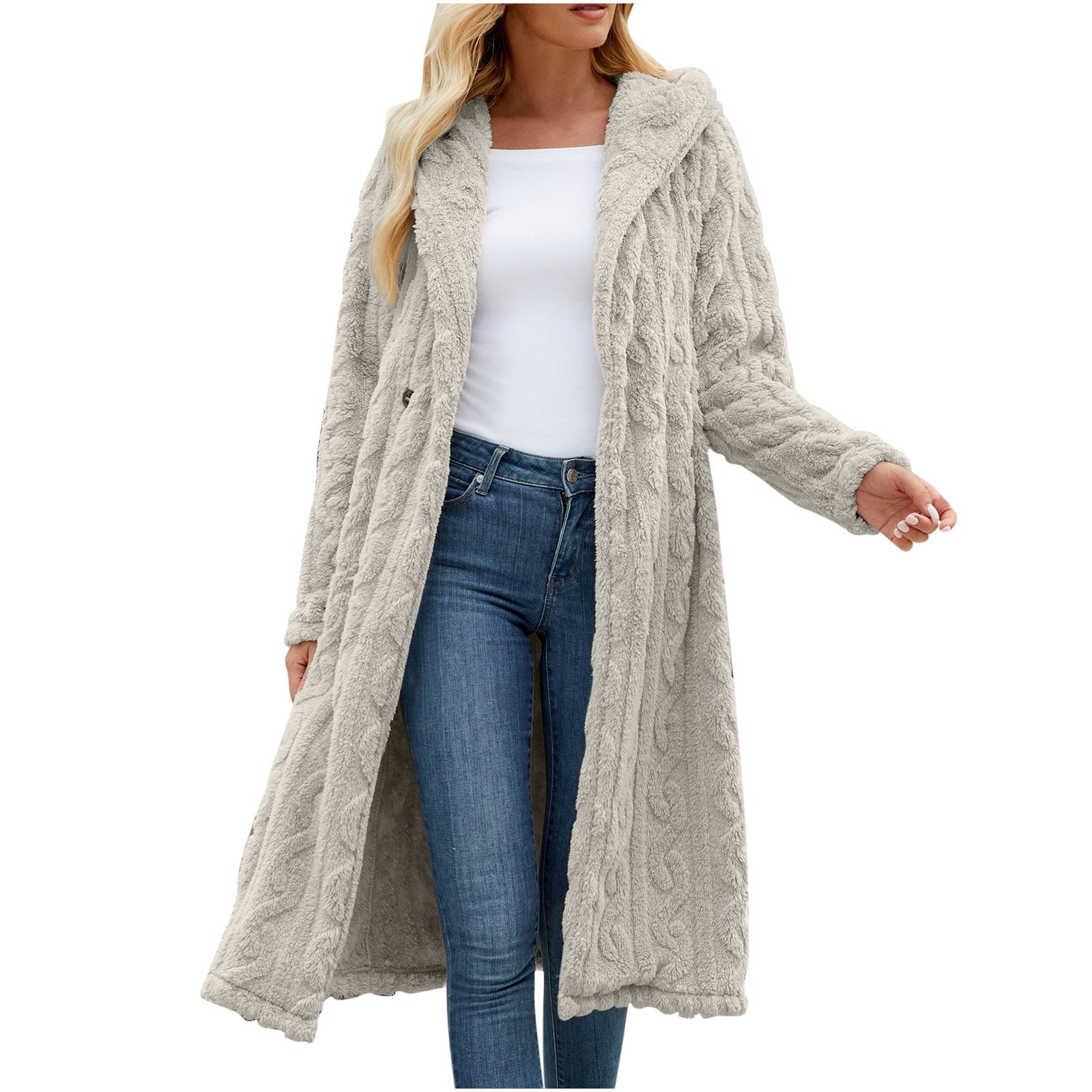 Lovskoo Womens Fuzzy Fleece Long Jacket Solid Color Long Sleeve Lapel ...