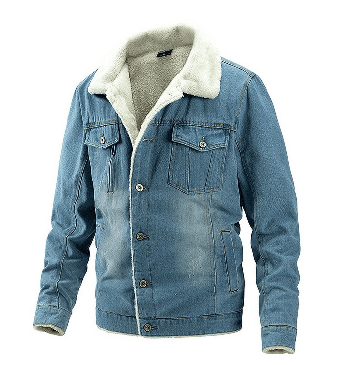 Lovskoo Men's Winter Medium-Length Lambswool Denim Jacket Padded Warm ...