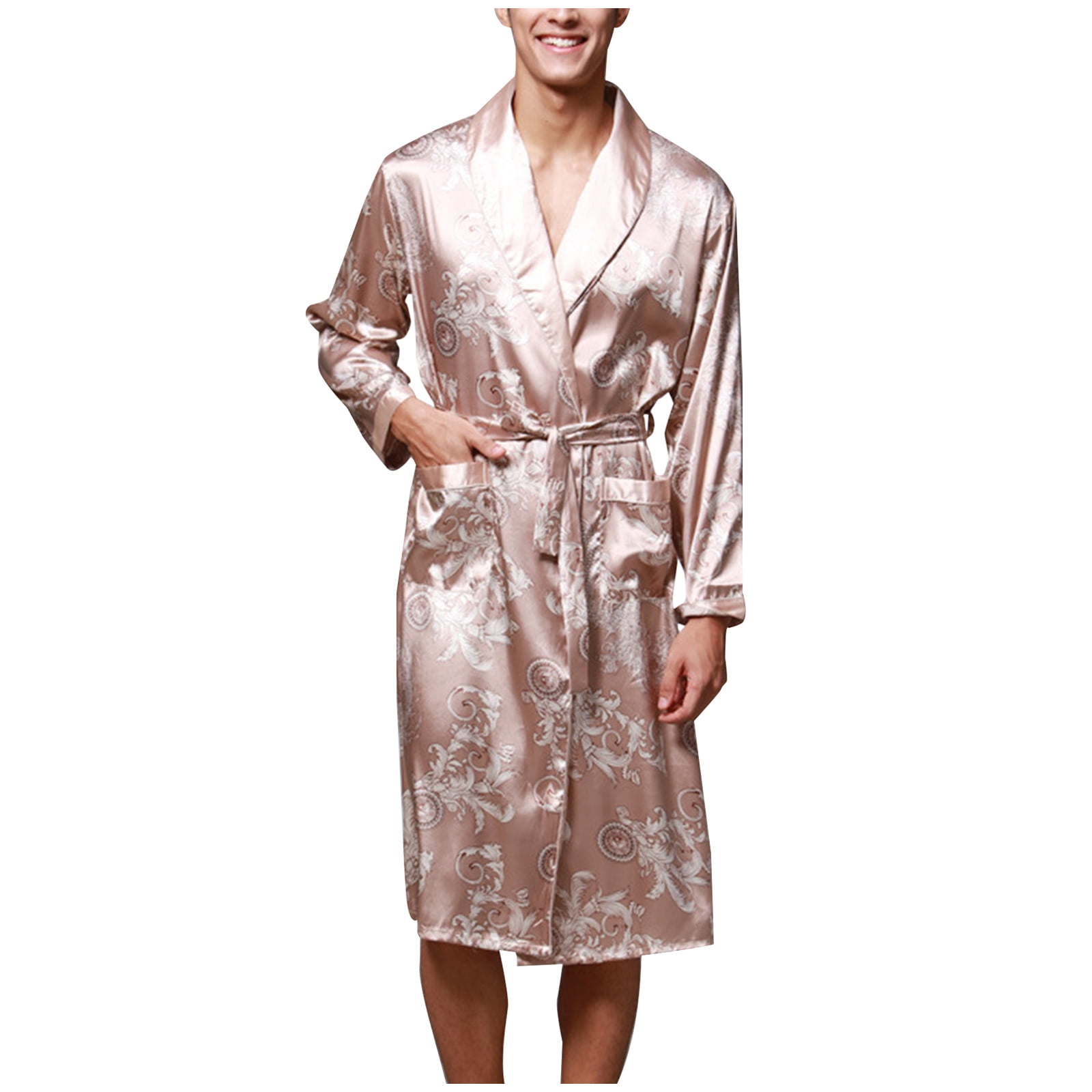 Lovskoo Mens Robes Lightweight Silk Bathrobe Silk Ice Silk Long Sleeved ...