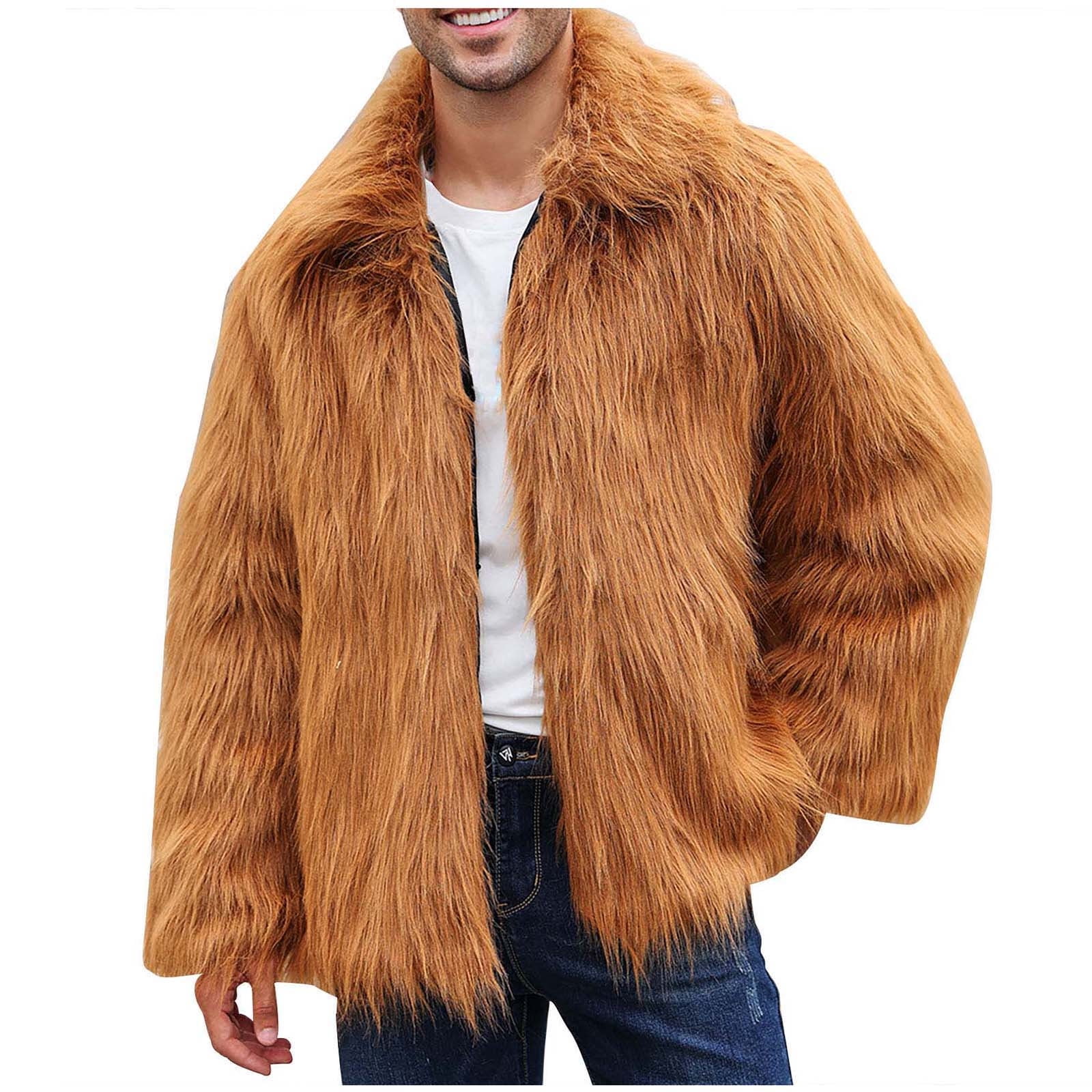 Lovskoo Mens Winter Coats Faux Fur Jacket Thick Warm Long Sleeve Open ...