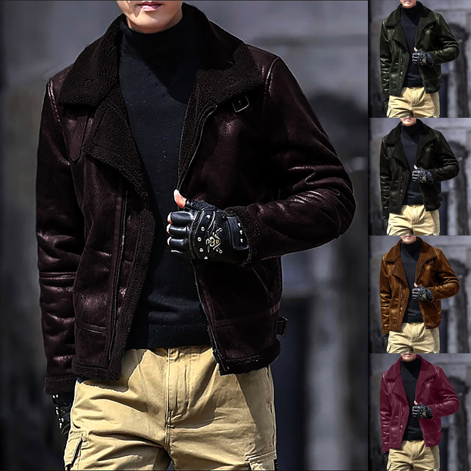 Lovskoo Mens Winter Coats Fuzzy Fleece Lined Leather Jacket Long Sleeve ...
