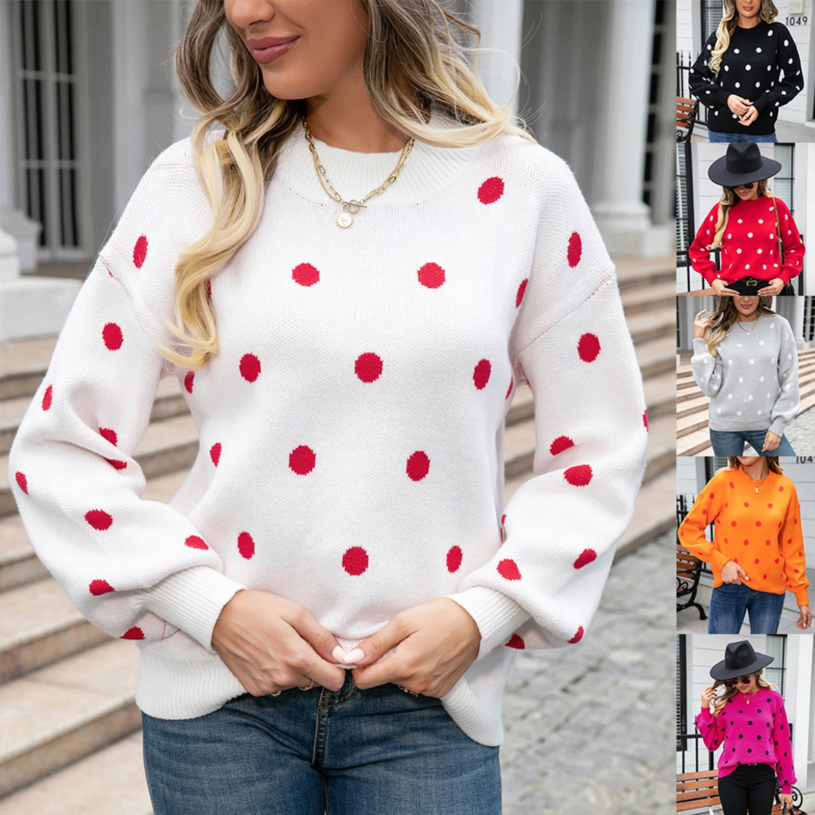 Lovskoo Sweaters for Women Comfortable Polka Dot Printing Long Sleeve ...