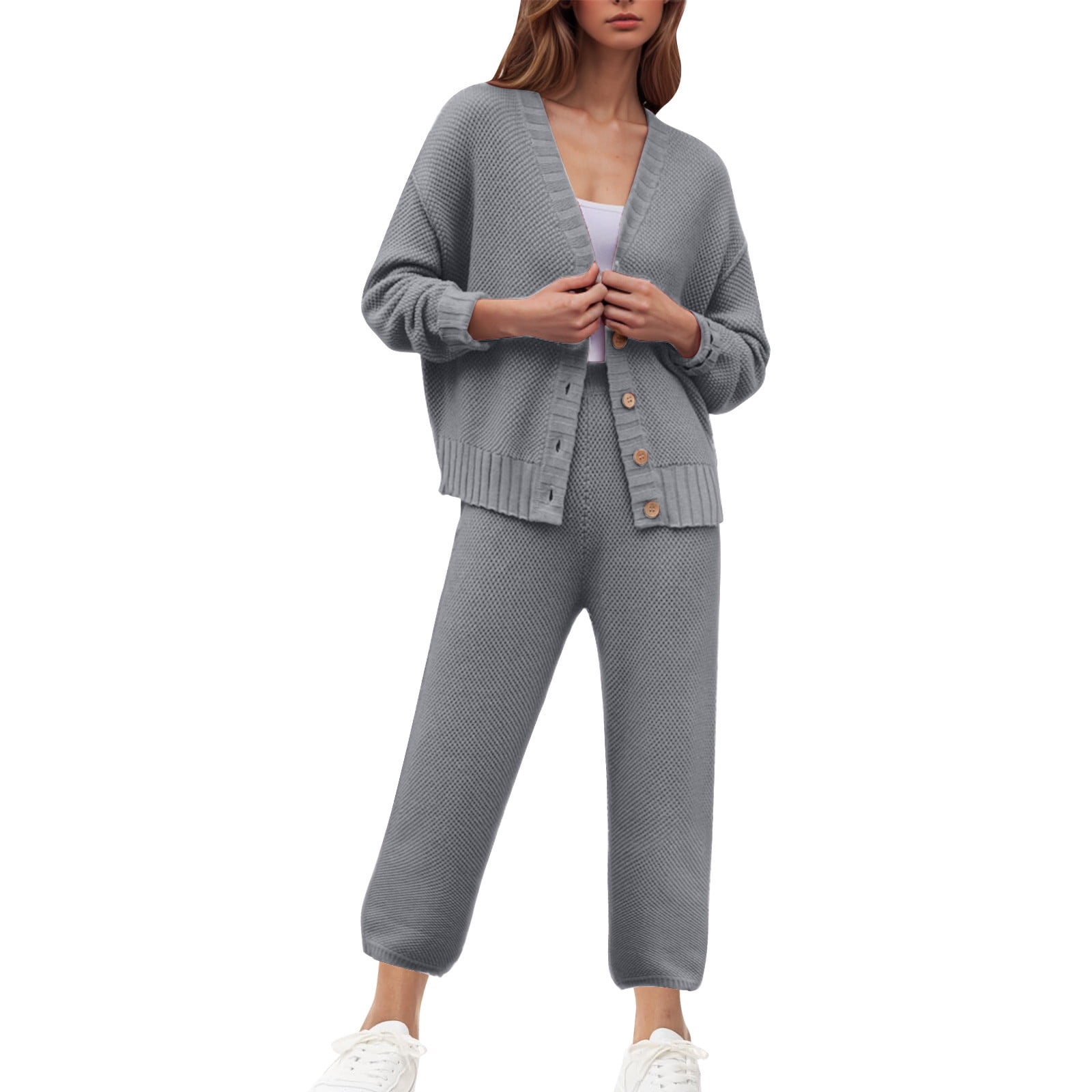 Lovskoo Women 2 Piece Outfits Knit Long Sleeve Cardigan Set Casual ...