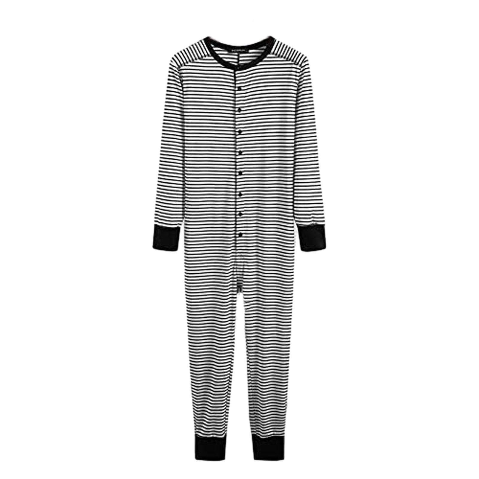 Lovskoo Women Butt Button Back Flap Onesie Pajamas One Piece Striped Adults Soft Long Sleeve