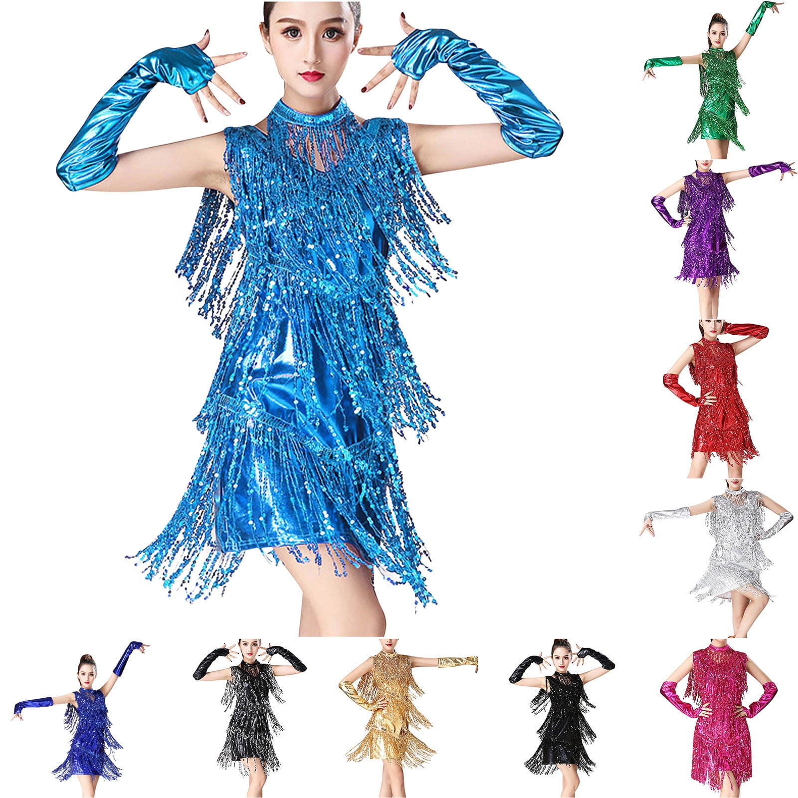 Lovskoo Women Latin Dance Dress Sequin Tassel Fringe Flapper Dress ...