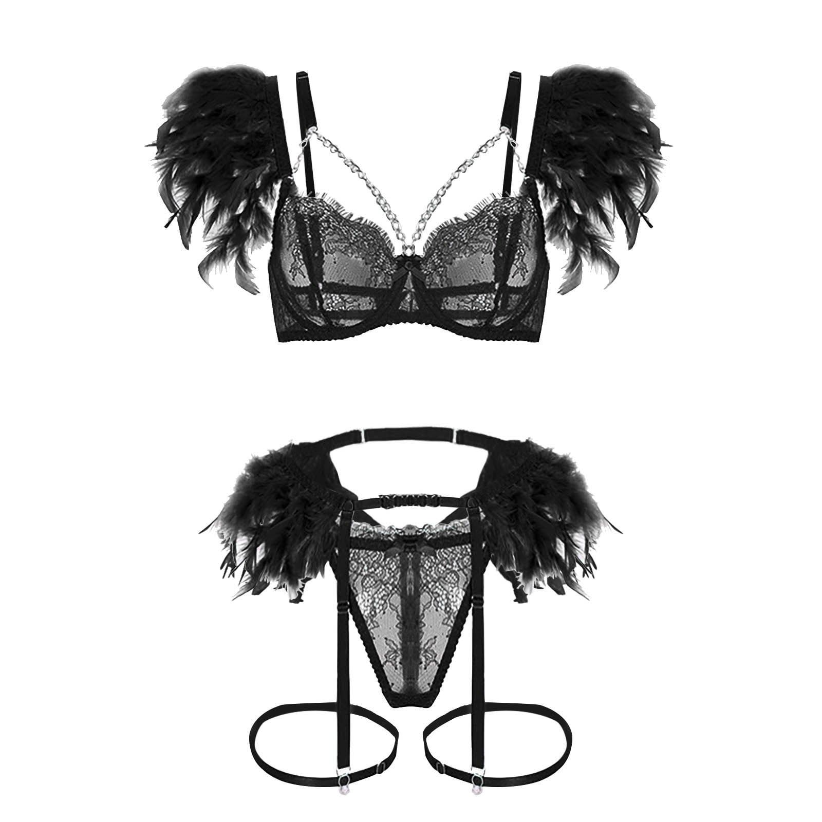 Lovskoo Women Lingerie With Garter Belt Feather Erotic Lingerie Sets