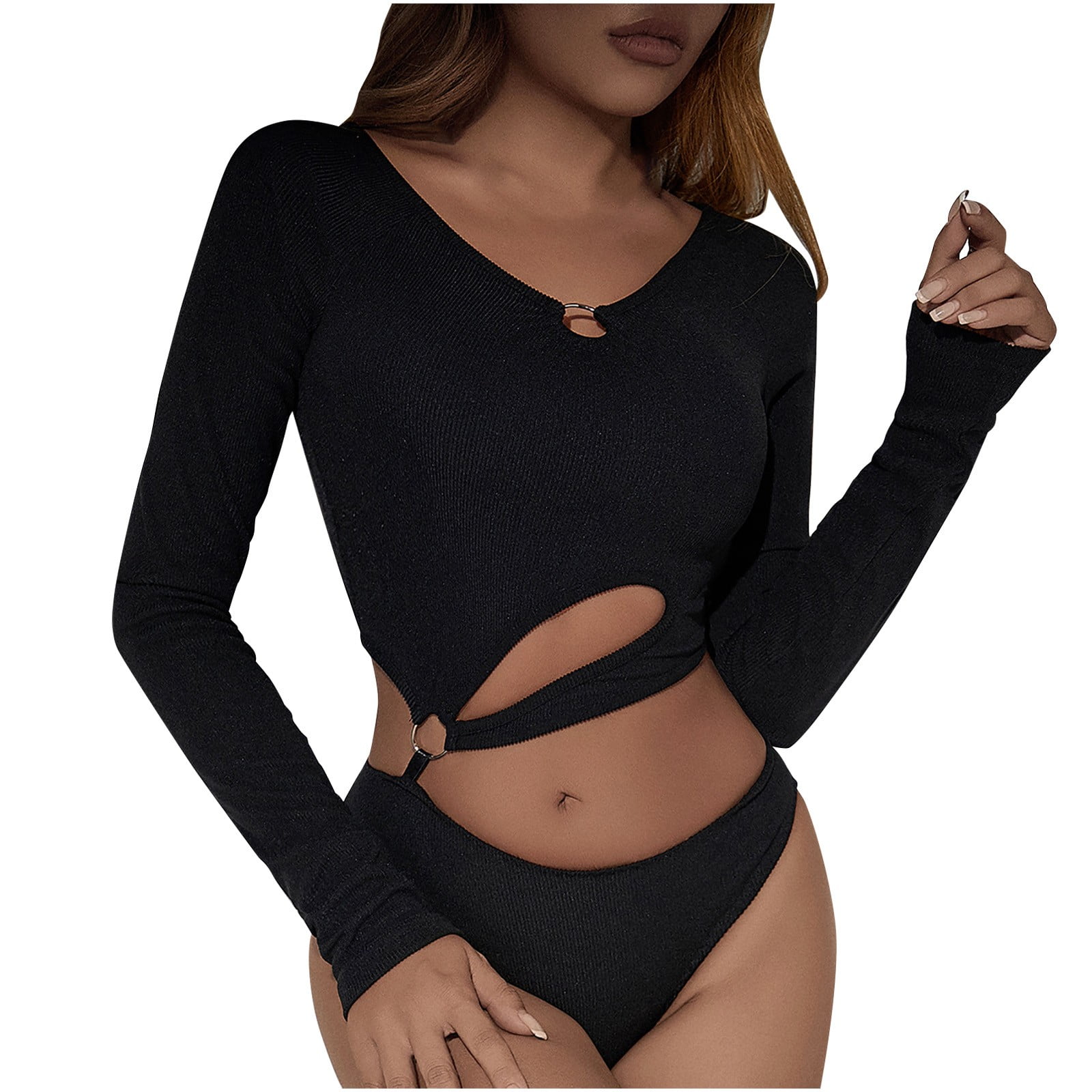 Lovskoo Women Long Sleeve Cut Out Ribbed Bodysuit Lace Leotard Teddy