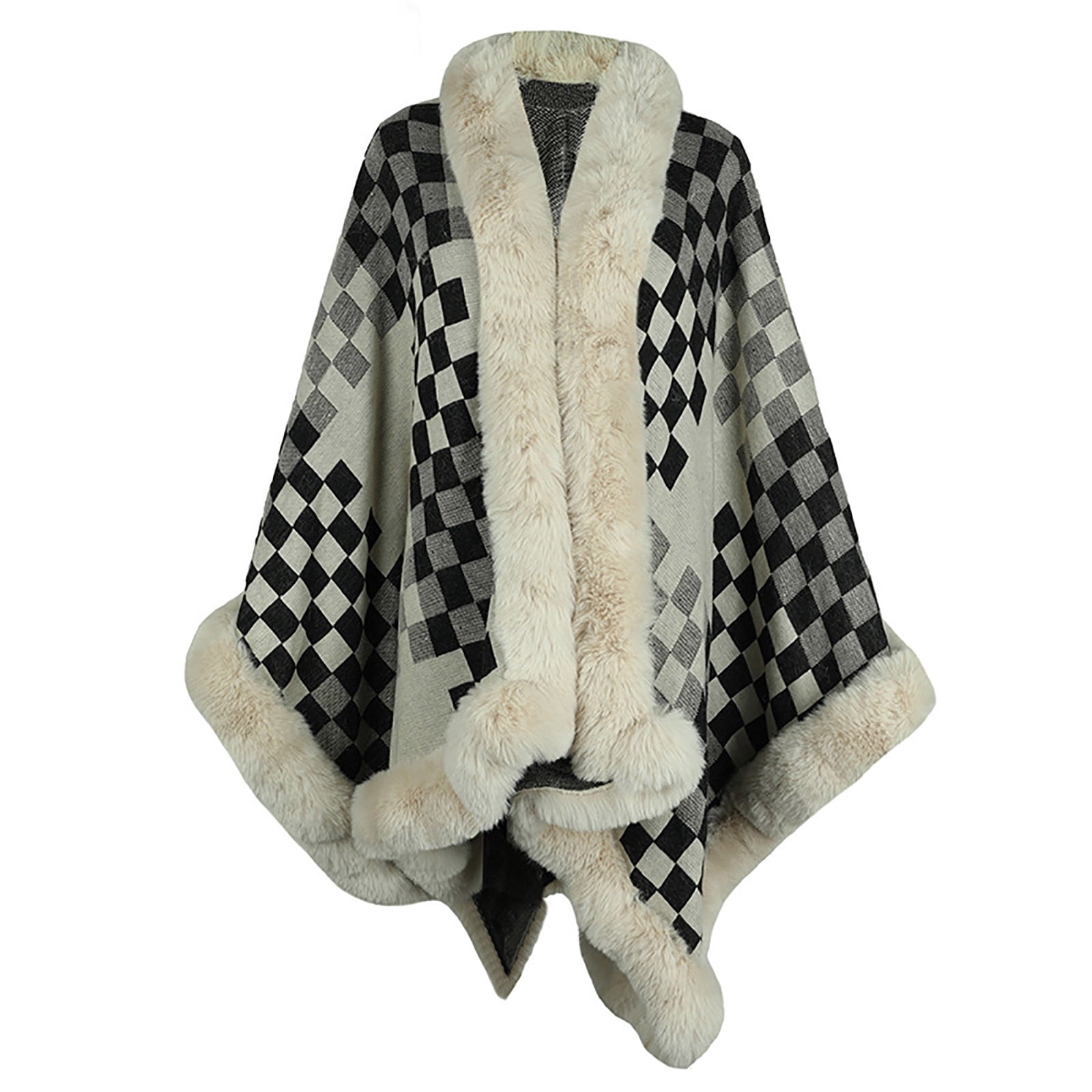 Lovskoo Women Plaid Faux Fur Trim Cozy Cape Oversized Shawl Winter ...