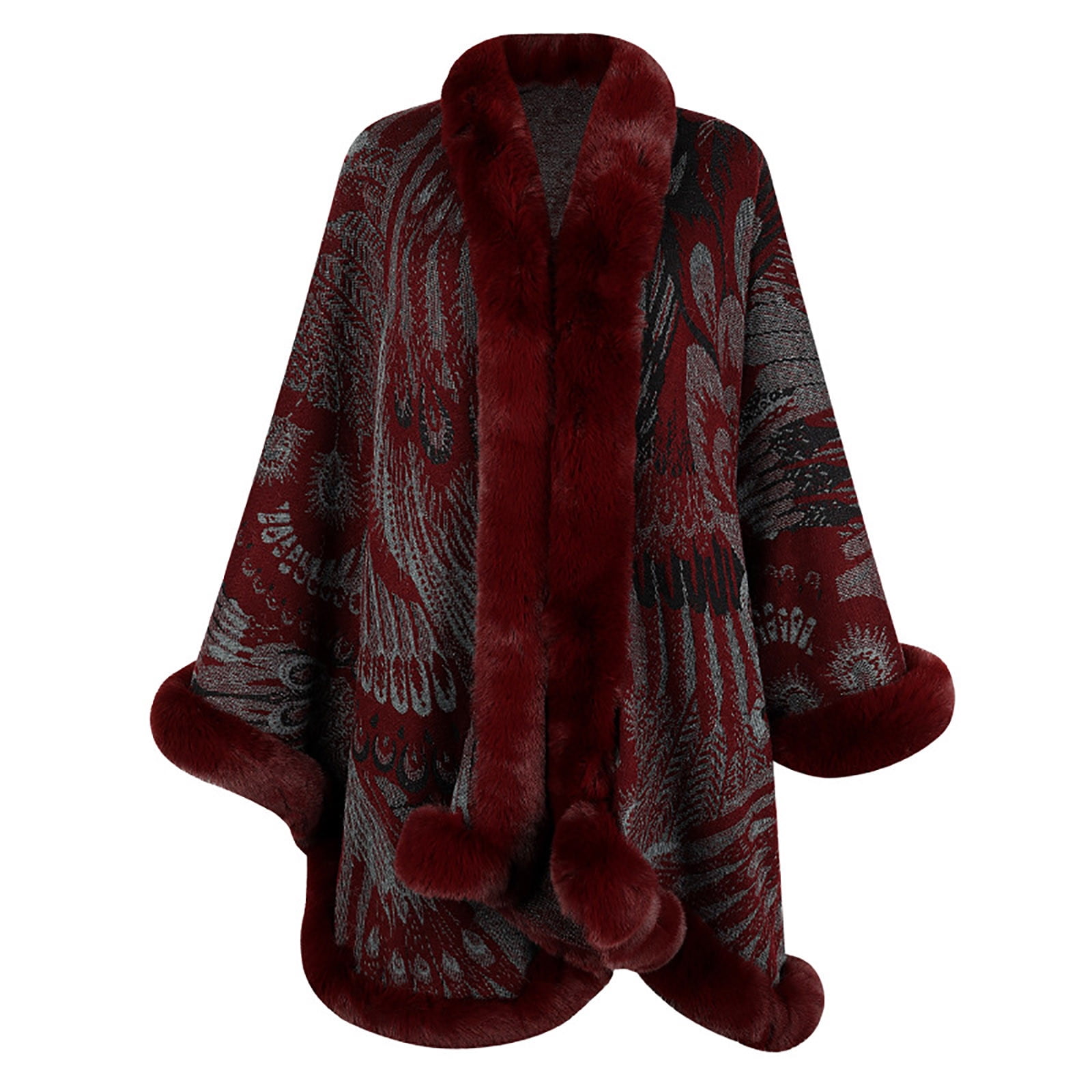 Lovskoo Women Plaid Faux Fur Trim Cozy Cape Oversized Shawl Winter ...