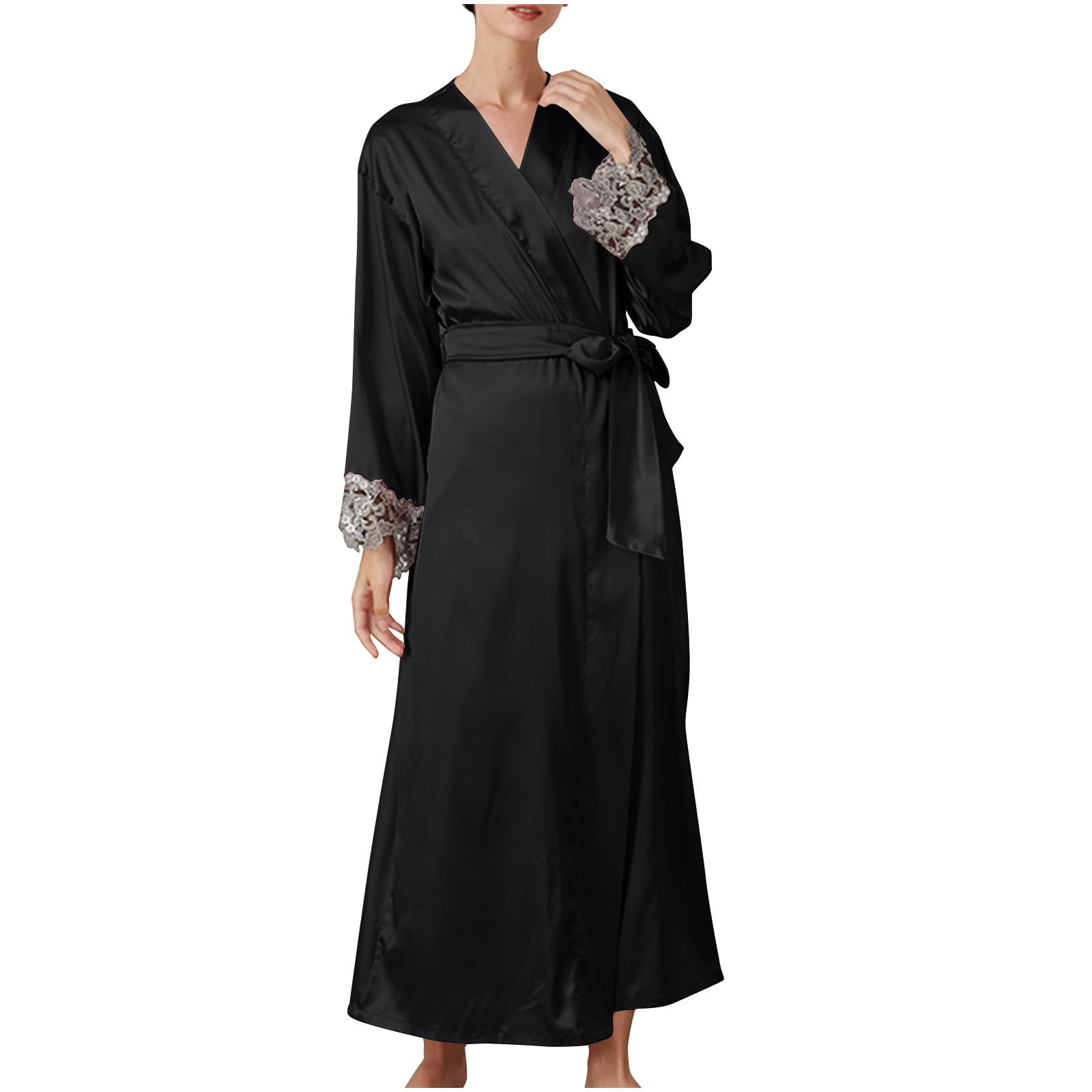 Lovskoo Women's 2024 Satin Kimono Lace Robe Long Silky Kimono Bathrobe ...