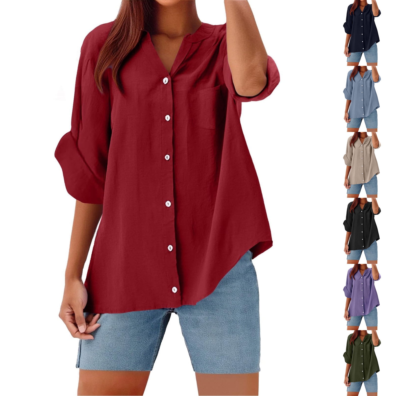 Lovskoo Women's Cotton And Linen Shirt Button Down Solid Color 3/4 Sleeve Top Oversized T-Shirt ...