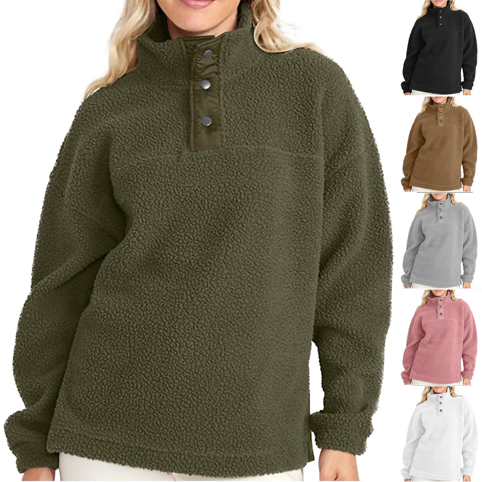 Lovskoo Women's Fleece Sweatshirt Button Front Long Sleeve Solid Color ...