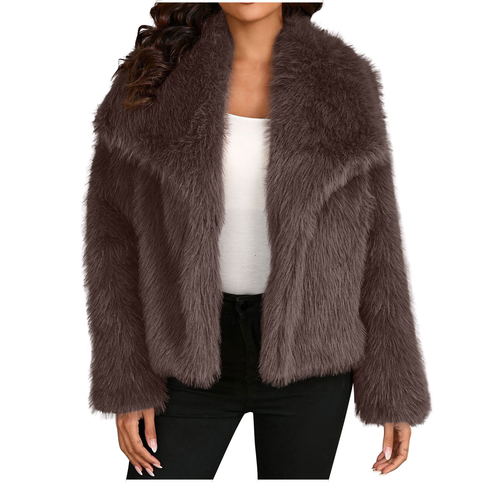 Lovskoo Women's Fluffy Faux Fur Coat Outwear Parka Coat Lapel Winter Warm Jackets with Long ...