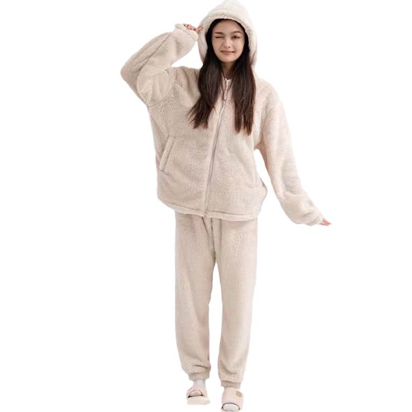 Lovskoo Women's Fluffy Pajamas Set Fleece Full Zip Hooded PulHeartr ...