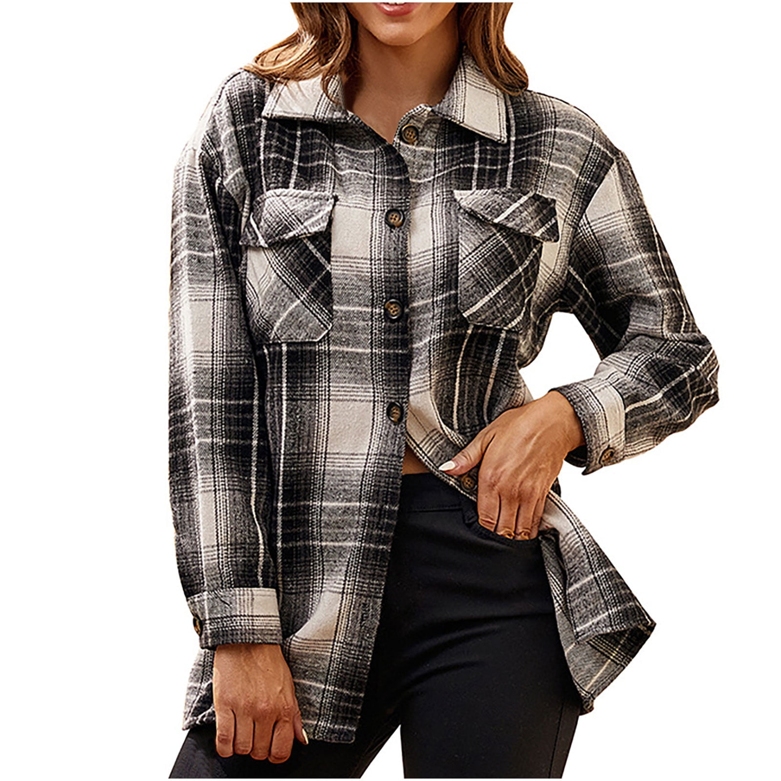 Lovskoo Plaid Jacket for Woman Fall and Winter Button Down Flannel ...