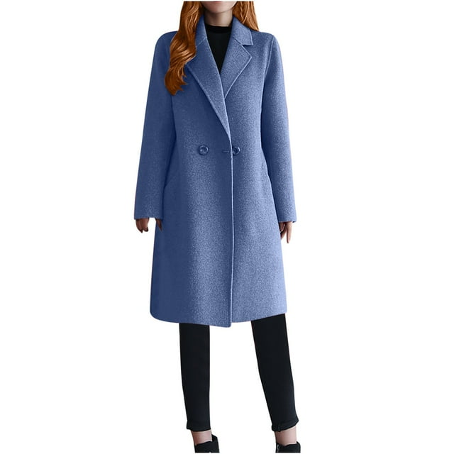 Lovskoo Women's Notch Lapel Double Breasted Pea Coat Slim Fit Wool Blend Mid Long Winter Trench ...