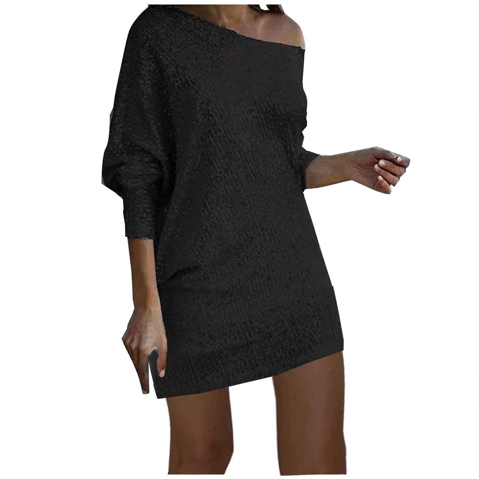 Lovskoo Women's Off Shoulder Sequin Dresses Long Sleeve Loose Casual ...