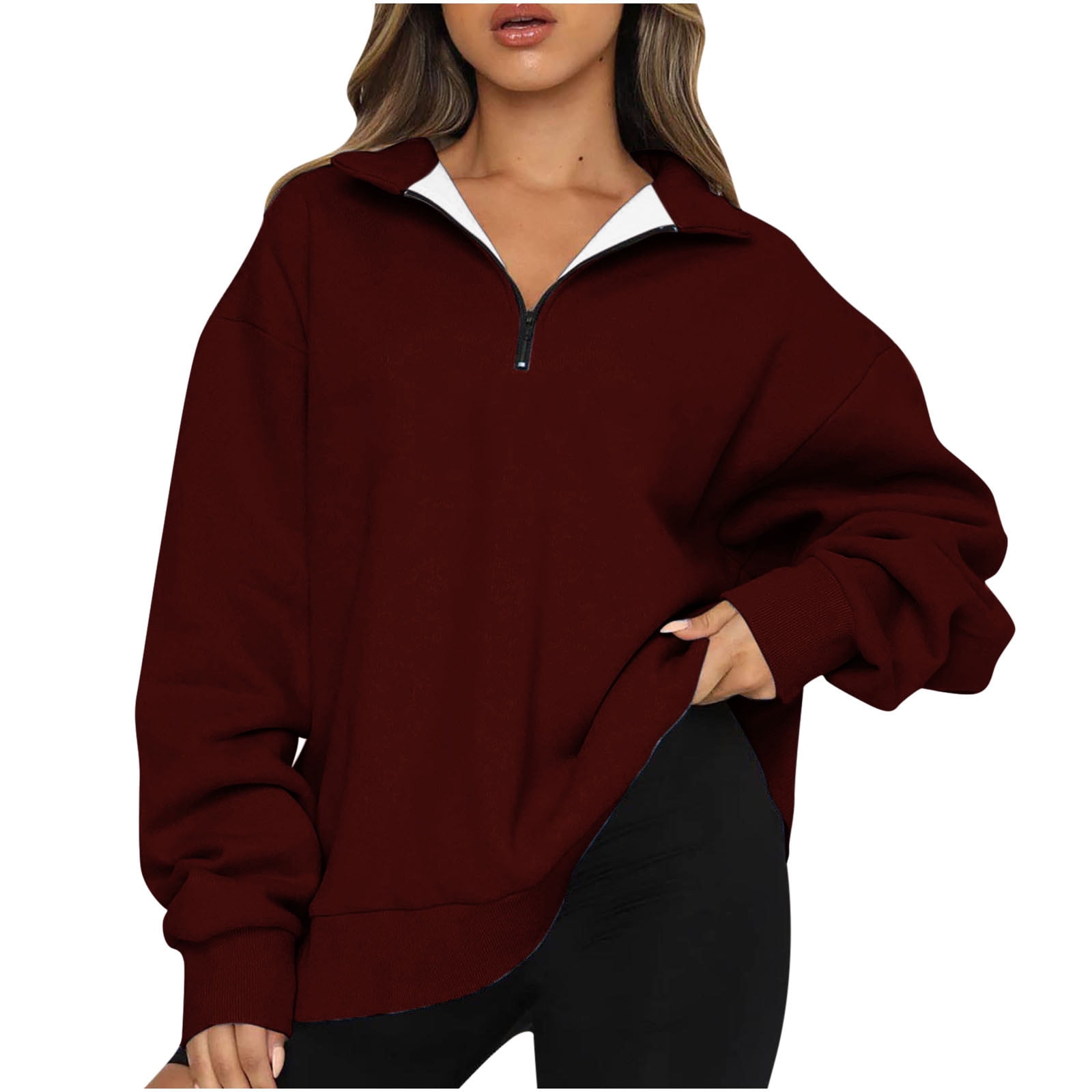 Lovskoo Women's Oversized Quarter Zip Sweatshirt Lapel Collared V Neck ...