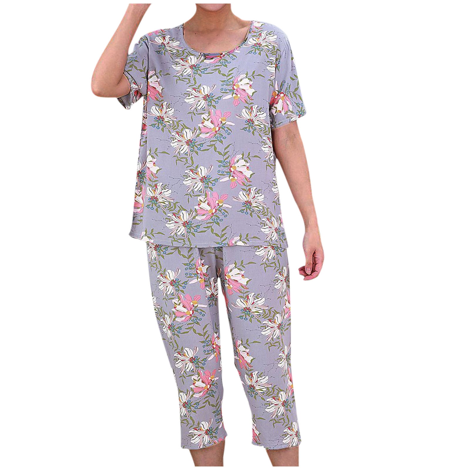 Lovskoo Women's Plus Size Sleepwear Capri Pajama Sets Short Sleeve Two ...