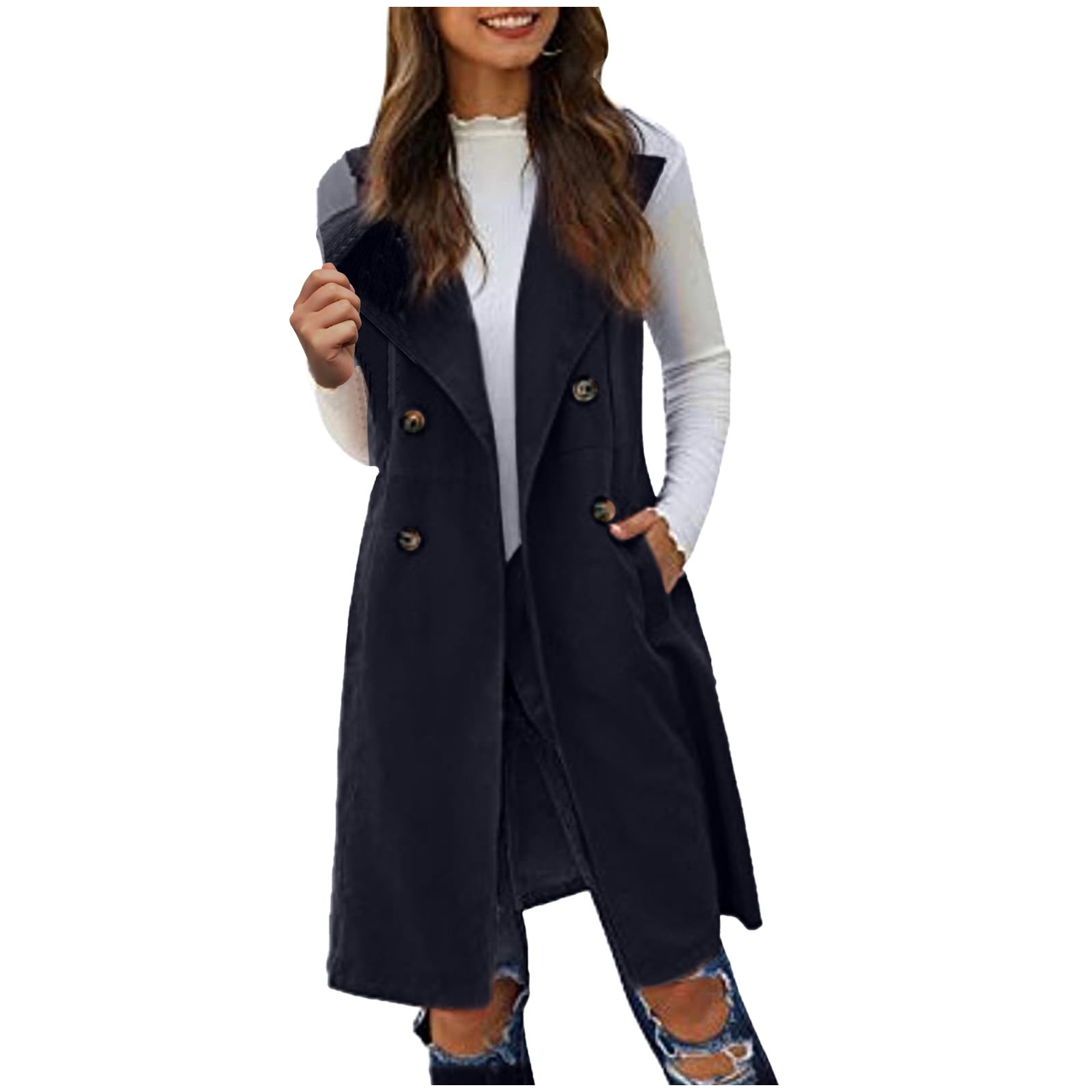 Lovskoo Women's Sleeveless Long Blazer Vest Casual Double Breasted Open ...