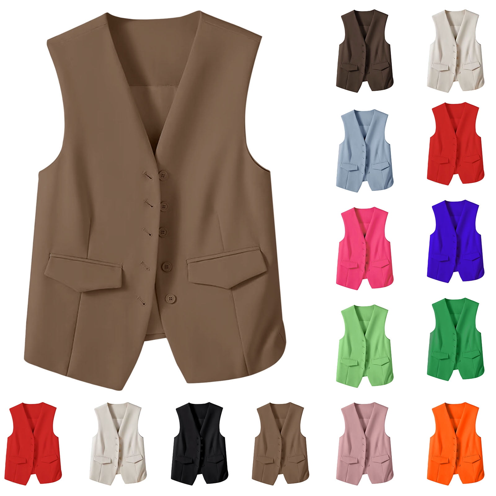 Lovskoo Women's Solid Color Waistcoat Suit Fabrics Pockets Sleeveless ...