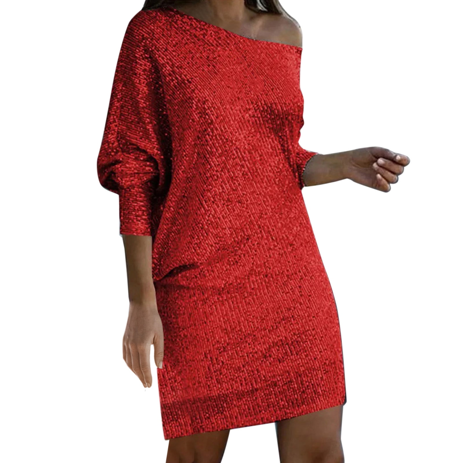 Lovskoo Women's Stretchy One Shoulder Long Sleeve Sparkly Sequin ...