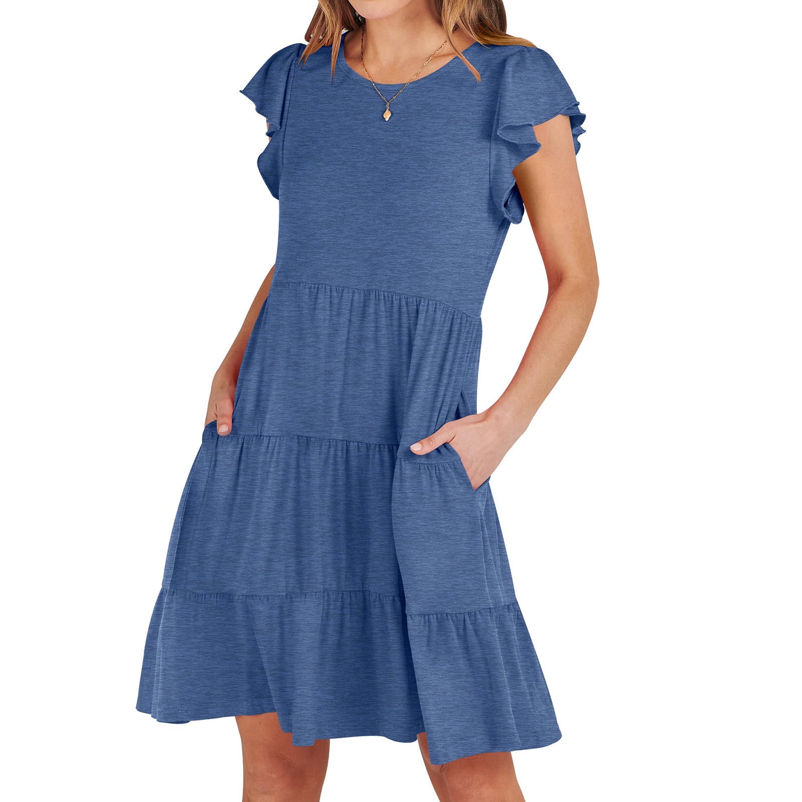 Lovskoo Women's Summer Sundress Crew Neck Flutter Short Sleeve Smocked ...