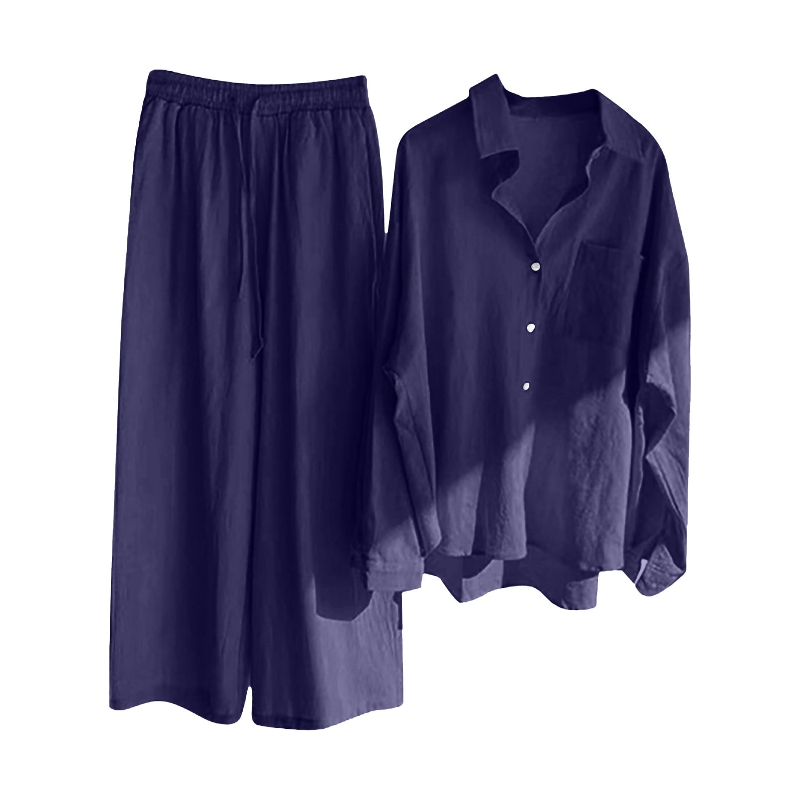 Gpaecead Women's Two Piece Pajama Sets Cotton Linen Long Sleeve Button ...