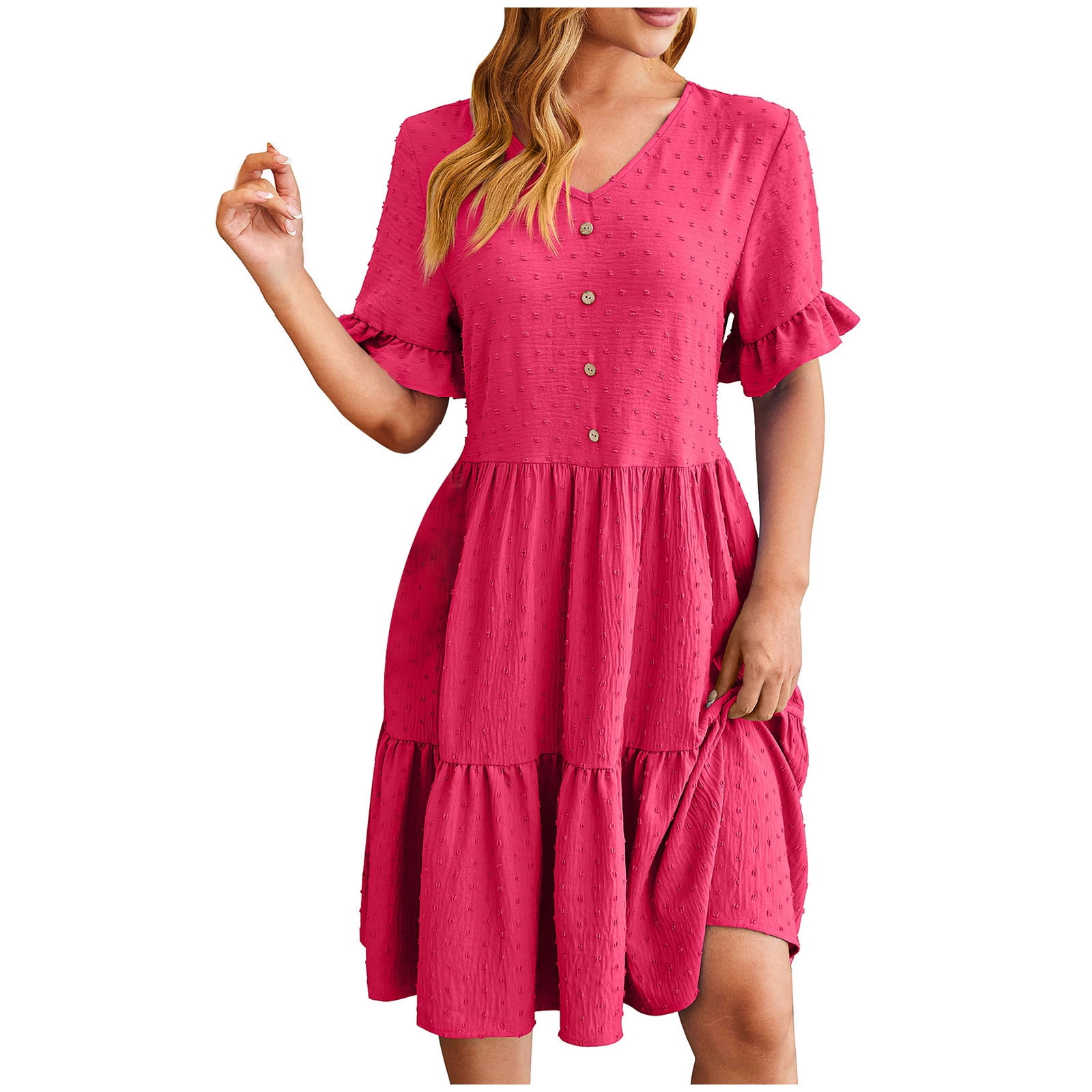 Lovskoo Women's V Neck Smocked Ruffled Short Sleeve Casual Dress Swiss ...