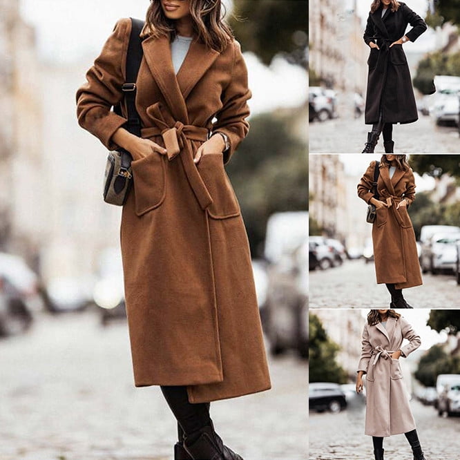 Lovskoo Women's Winter Coats Elegant Maxi Wrap Coat Lapel Collar Pea ...