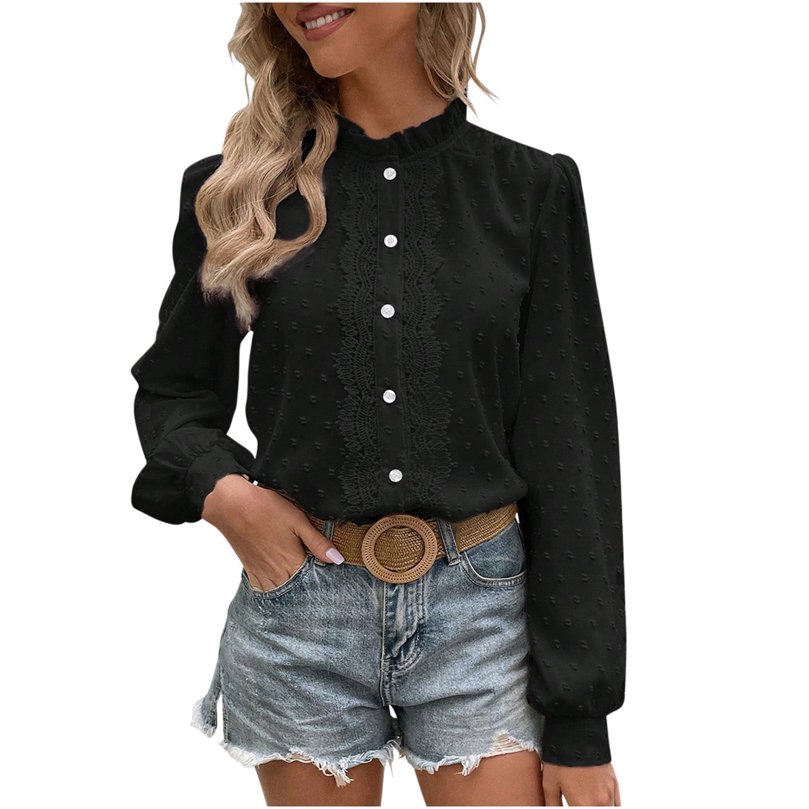 Lovskoo Womens 2024 Elegant Collared Button Down Shirts With Ruffle