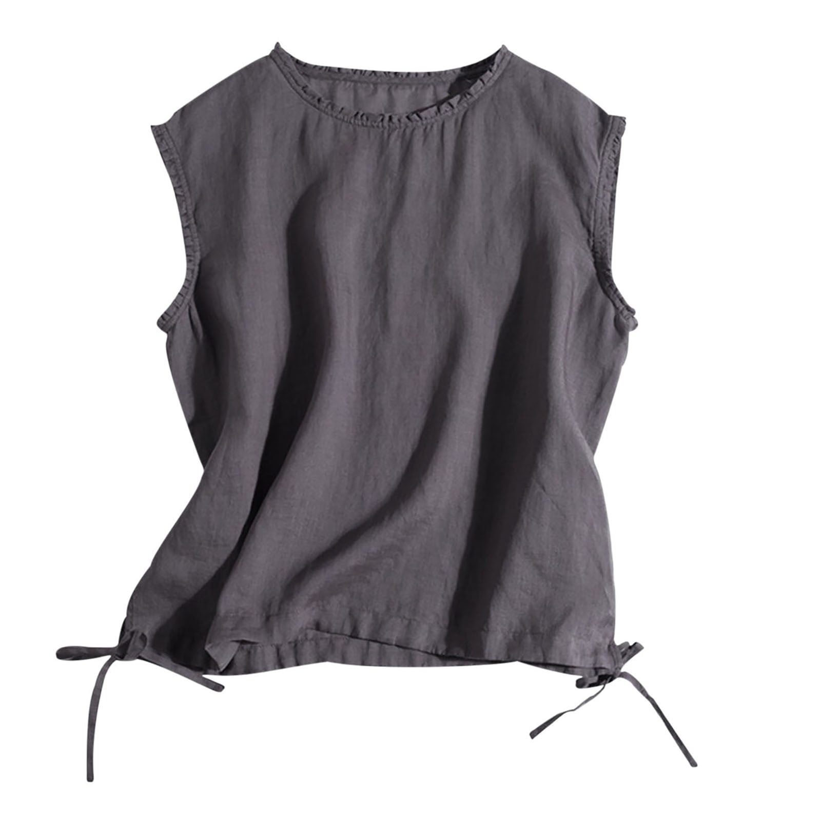 Lovskoo Womens Cotton Linen Tank Tops Drawstrings Sleeveless Round Neck Loose Casual Solid Color