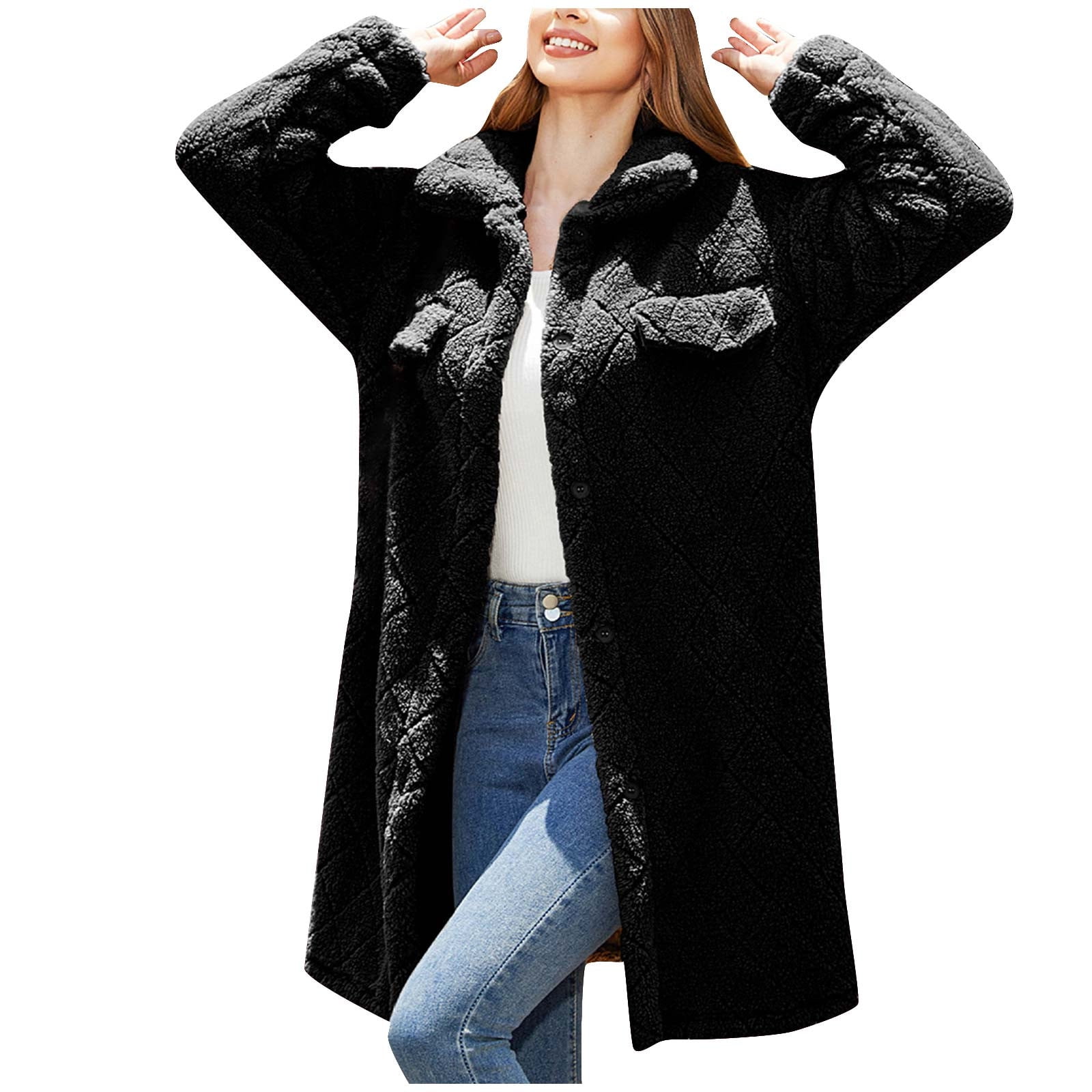 Lovskoo Womens Fuzzy Fleece Jacket Button Down Lapel Fluffy Shacket ...