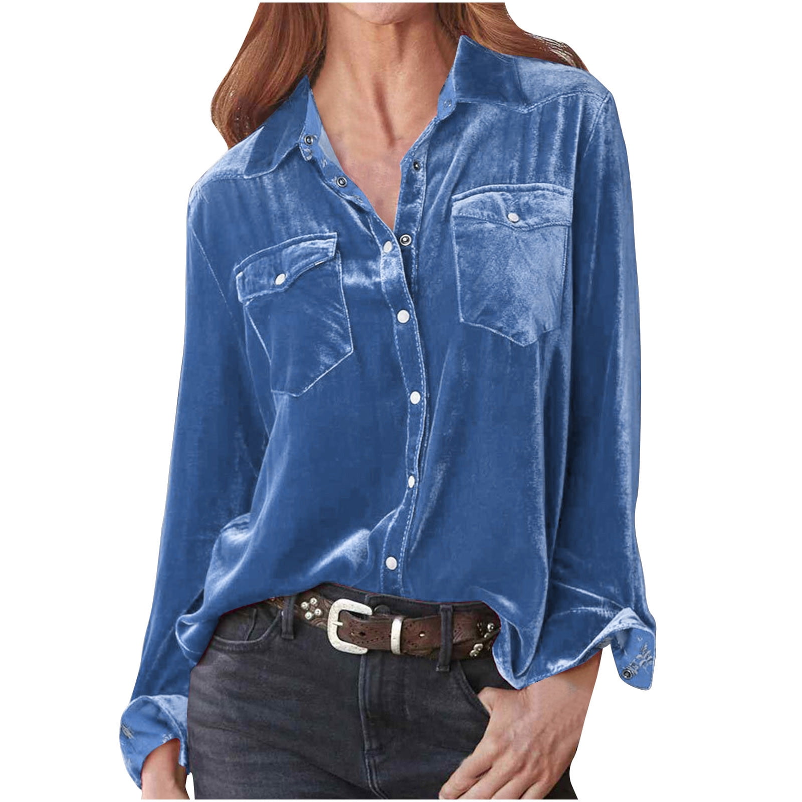Lovskoo Womens Regular Fit Velvet Button Down Shirts Retro Boyfriend ...