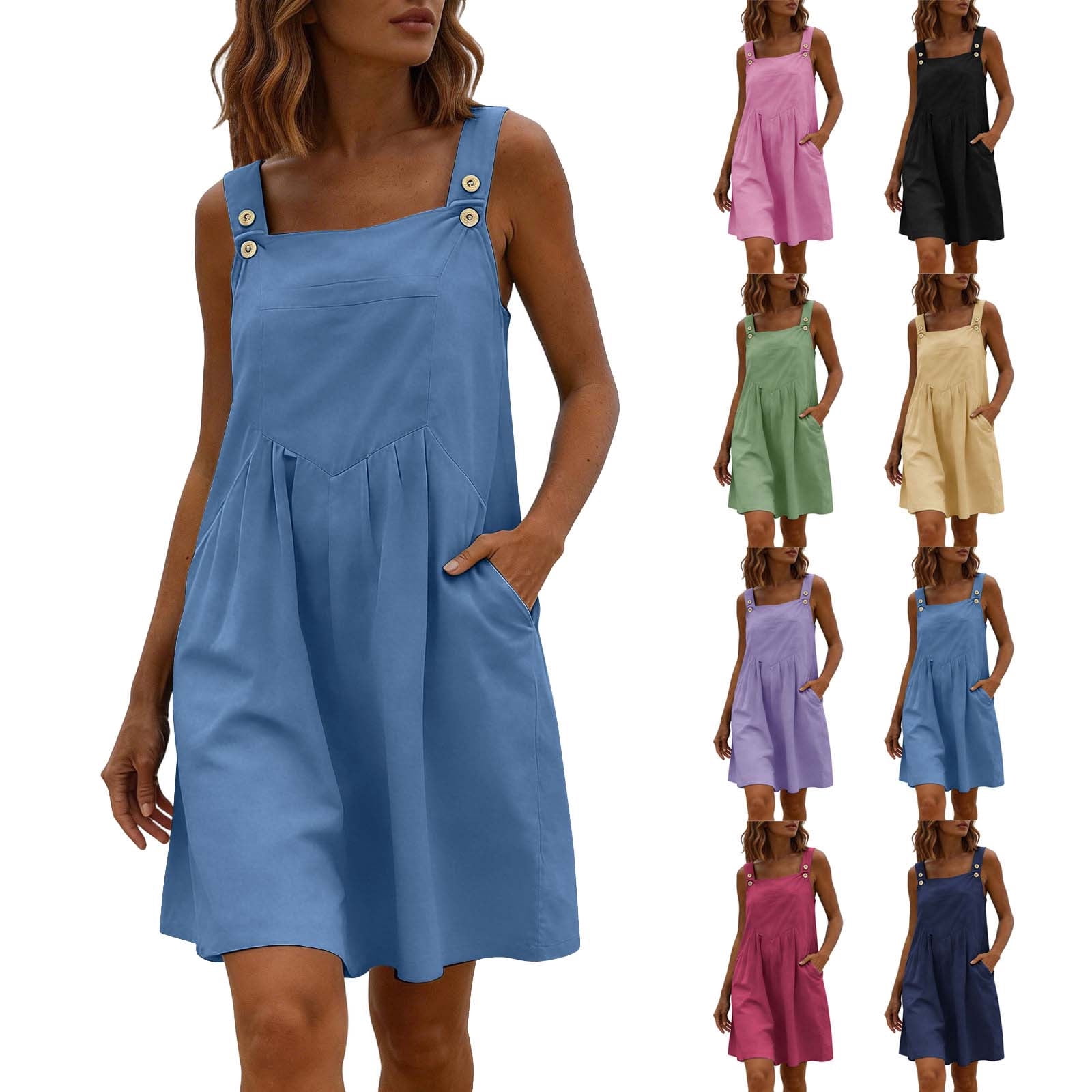 Lovzfmll Button Front Square Neck Pocket Tank Mini Dress for Women ...