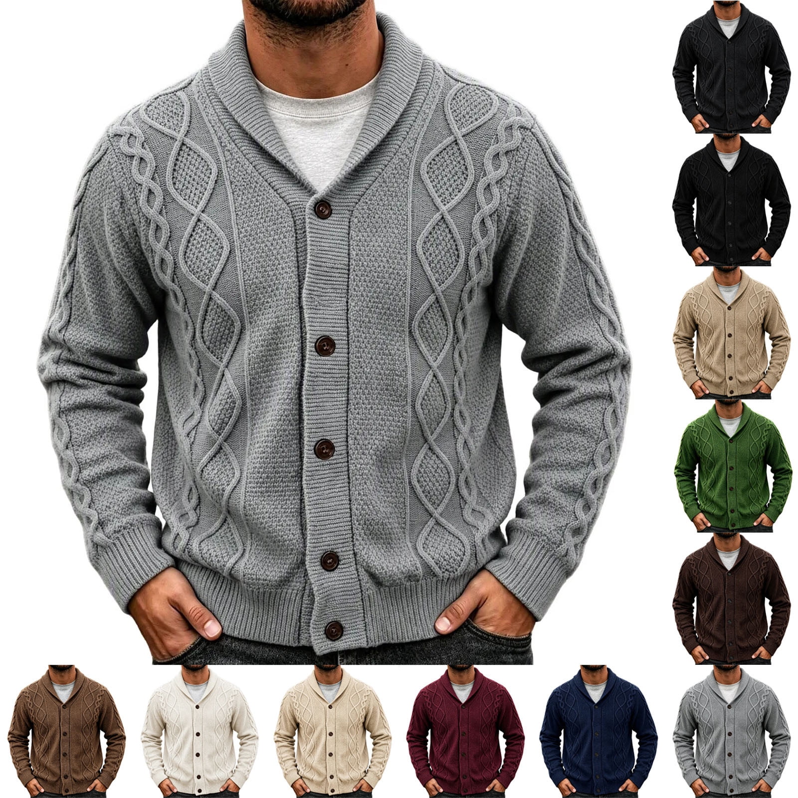 Lovzfmll Cardigan for Men, Shawl Collar Cable Knit Button Front, Casual ...