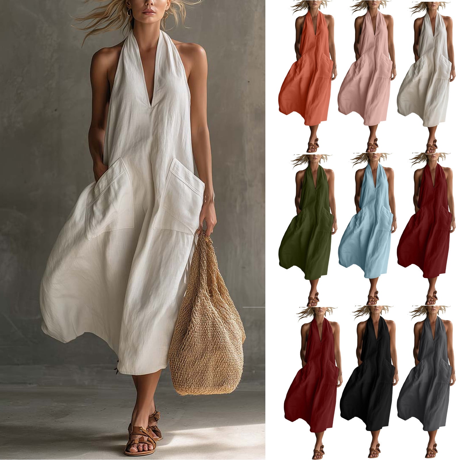 Lovzfmll Maxi Sundress with Pocket for Women, Loose Halter Neck ...