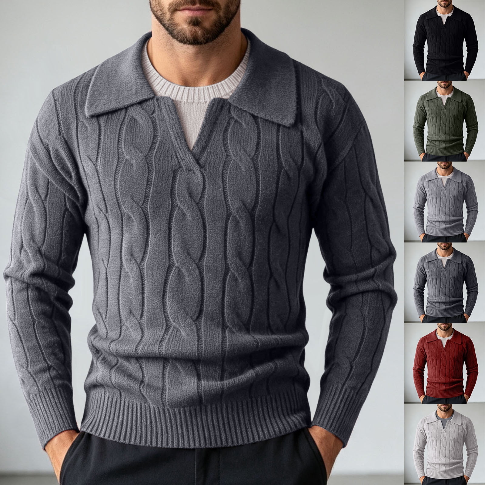 Lovzfmll Men's Sweater, Layered Look Collared Cable Knit Pullover ...