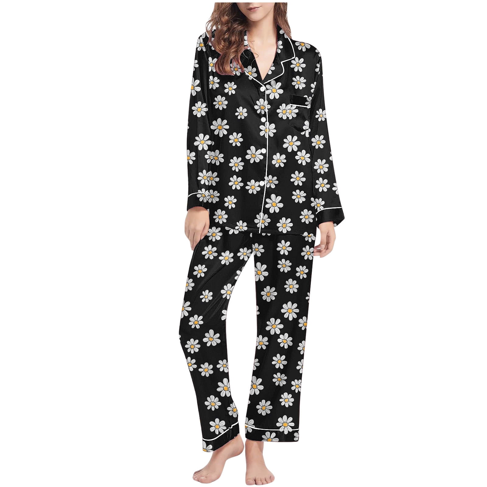Lovzfmll Pajama Set for Women, All-Over Print Long Sleeve Set, Collared ...