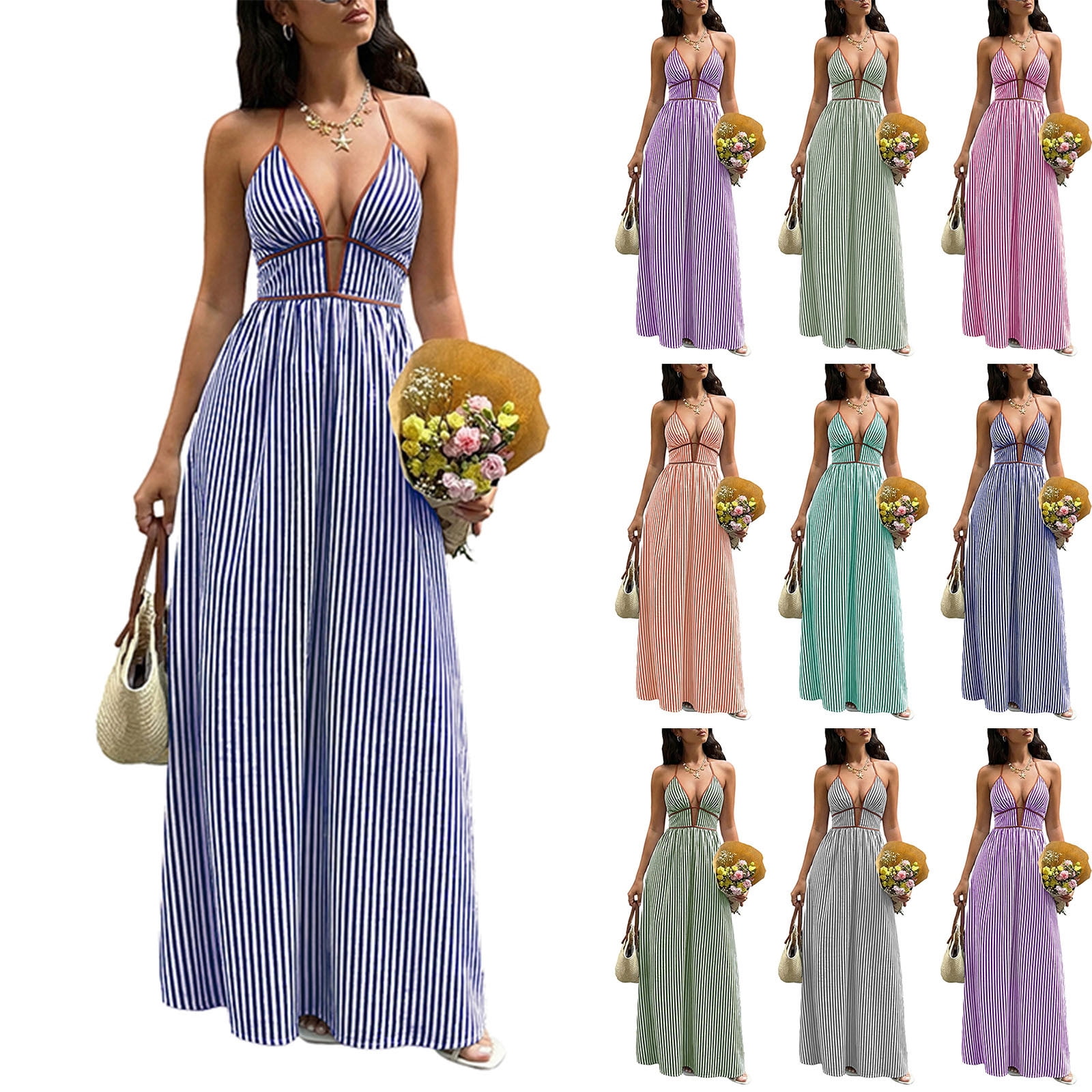 Lovzfmll Relaxed Halter Neck Low Back Striped Maxi Sundress for Women ...