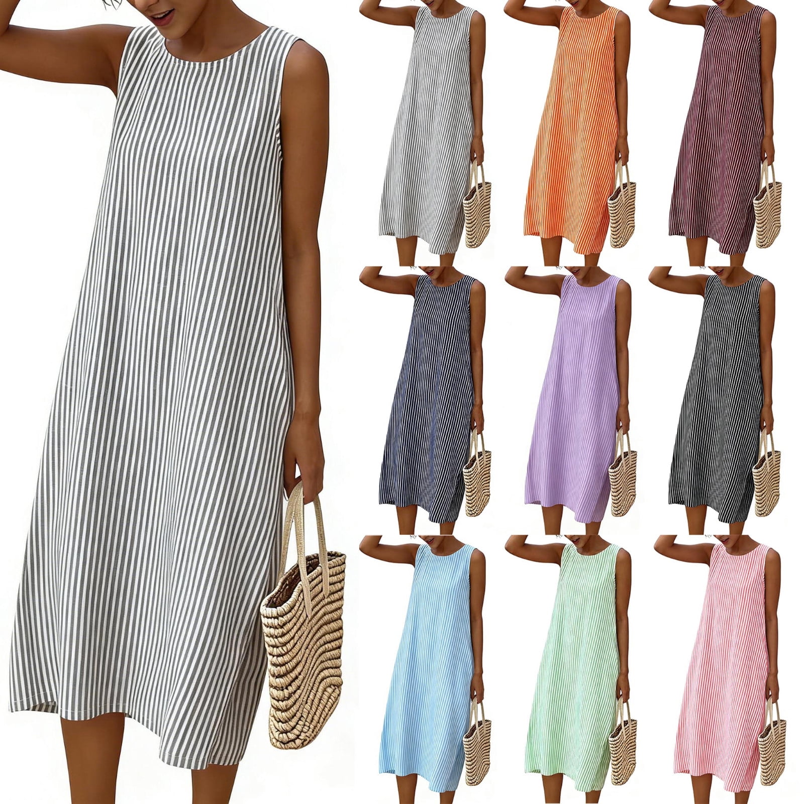 Lovzfmll Striped Print Tank Maxi Dress with Pockets for Women, Loose ...