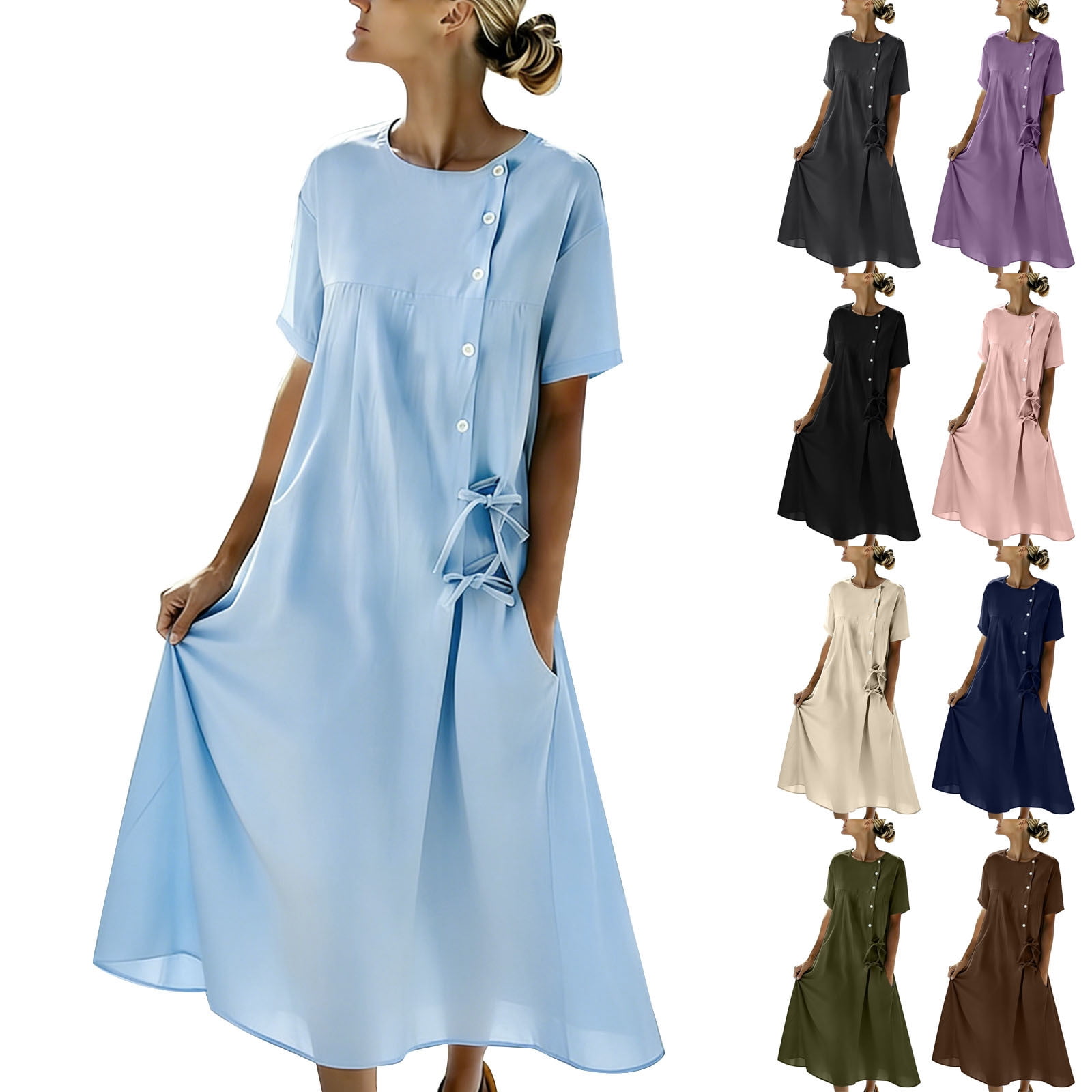 Lovzfmll Women's Button Front Tie Waist Pocket Shift Maxi Dress, Loose ...