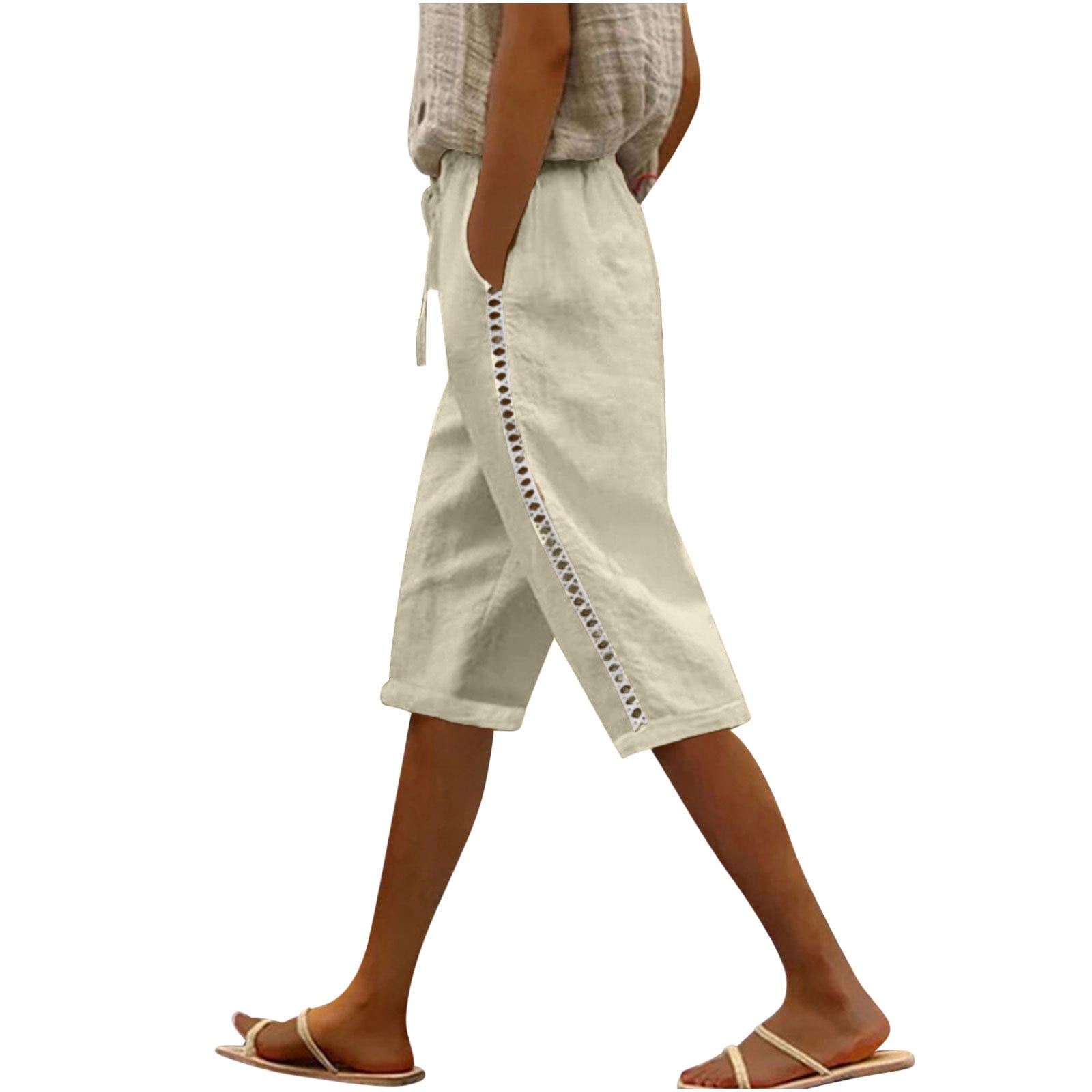 Lovzfmll Women's Linen Side Slit Shorts, Drawstring Waist Casual Shorts ...