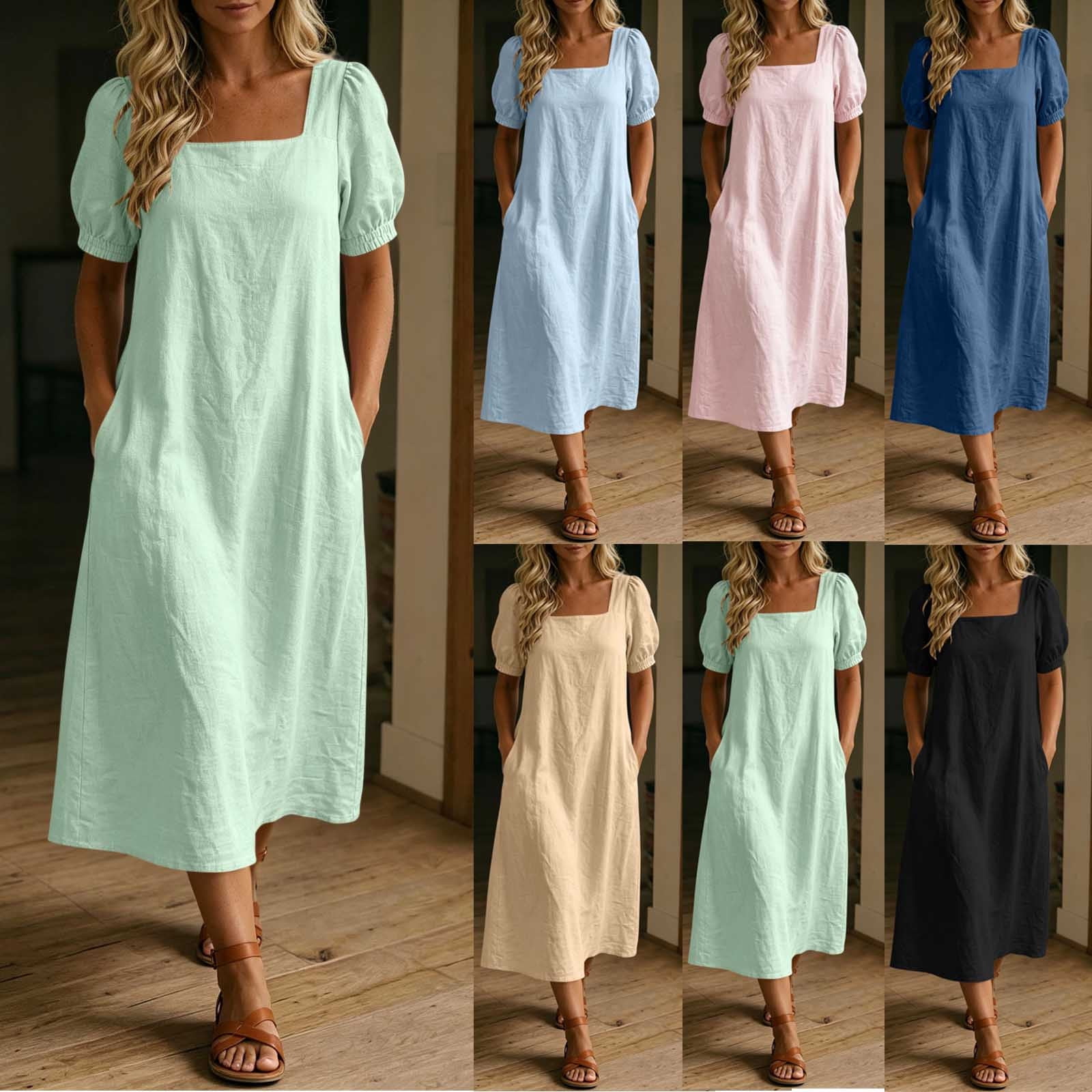 Lovzfmll Women's Puff Sleeve Solid Pocket Shift Maxi Dress, Loose ...